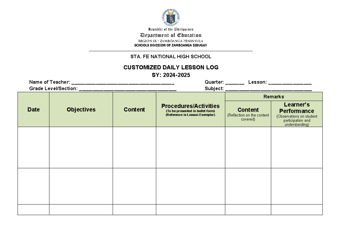 Customized- Daily- Lesson-LOG - STA. FE NATIONAL HIGH SCHOOL CUSTOMIZED ...