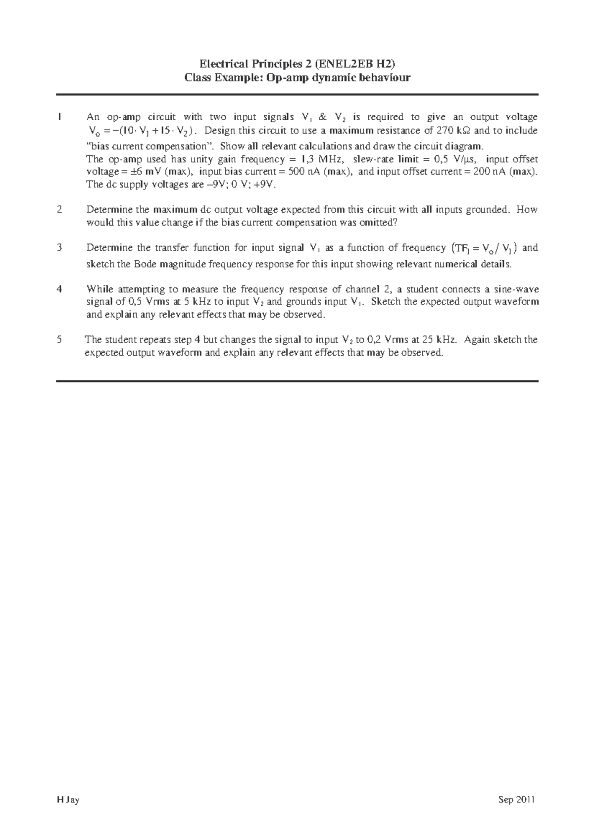 2EB Class Example Op-amp dynamic behaviour - H Jay Sep 2011 Electrical ...
