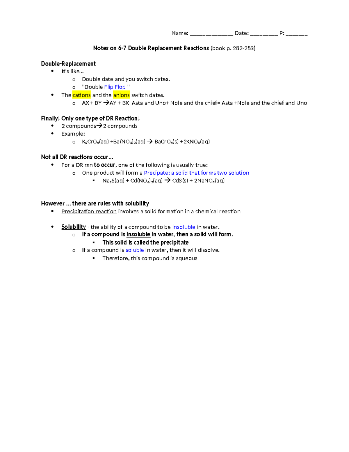 Notes on 6-7 Double Replacement Reactions - 282-283) Double-Replacement ...