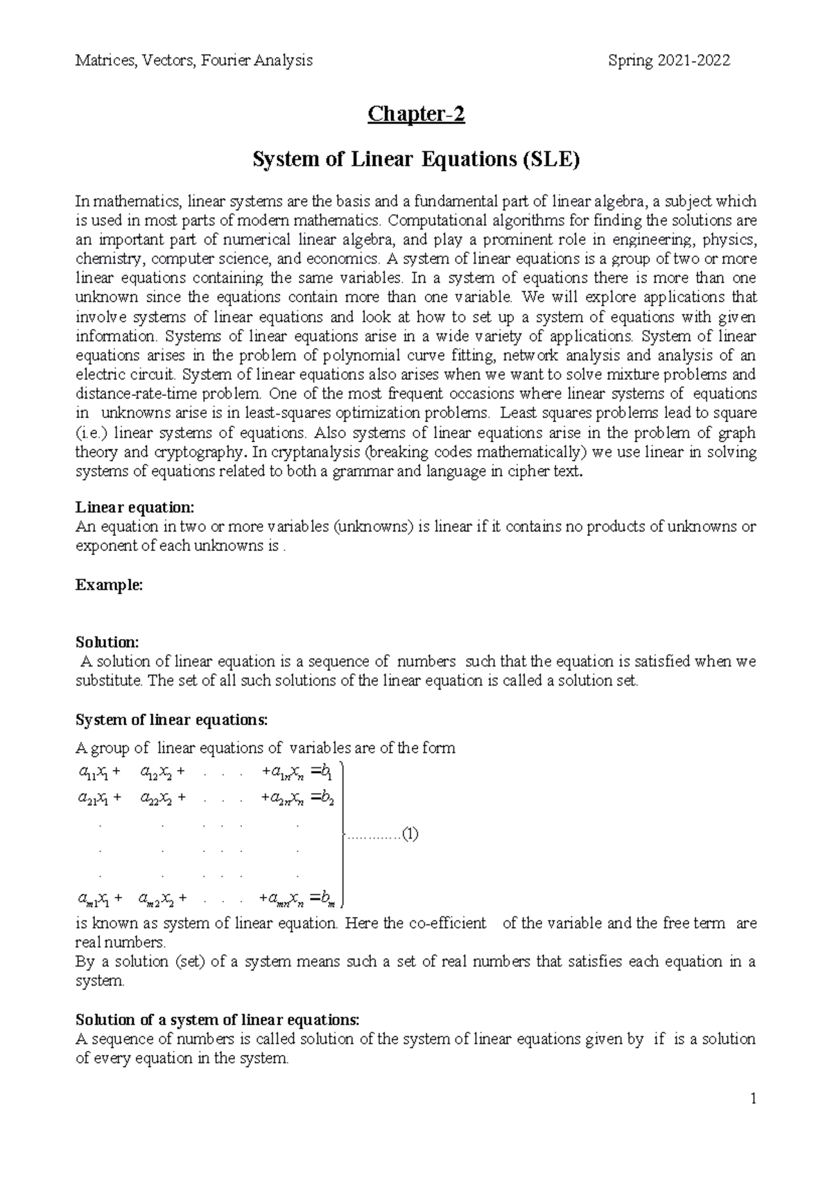 System OF Linear Equations Spring 21-22 - Chapter- System of Linear ...