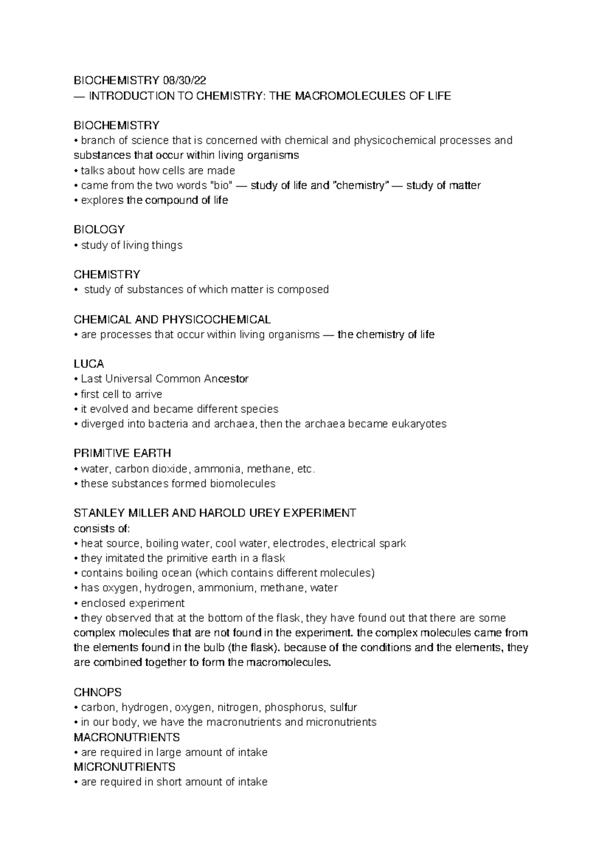Chapter 1 - Introduction to Biochemistry The Macromolecules ...