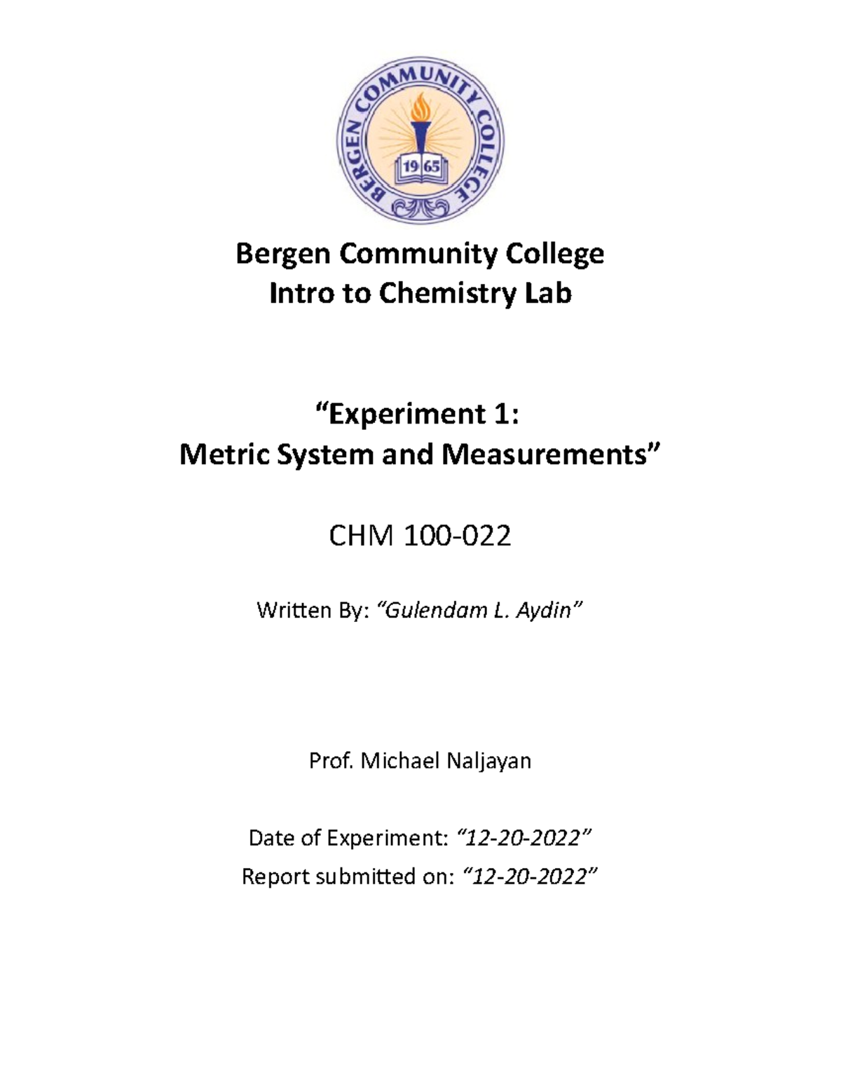 Experiment 1 - chemistry lab - Bergen Community College Intro to ...