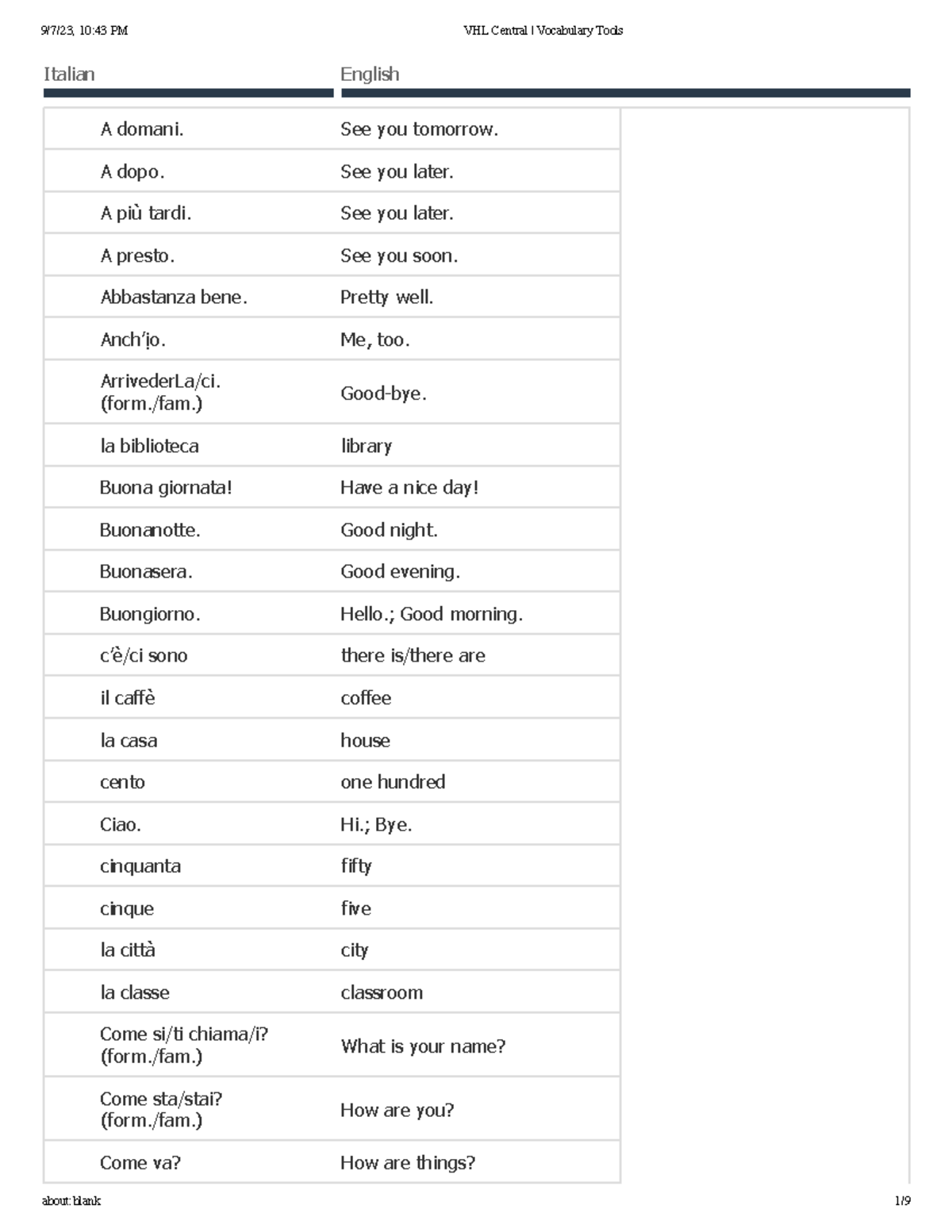 VHL Central Vocabulary Tools - Italian English A domani. See you ...