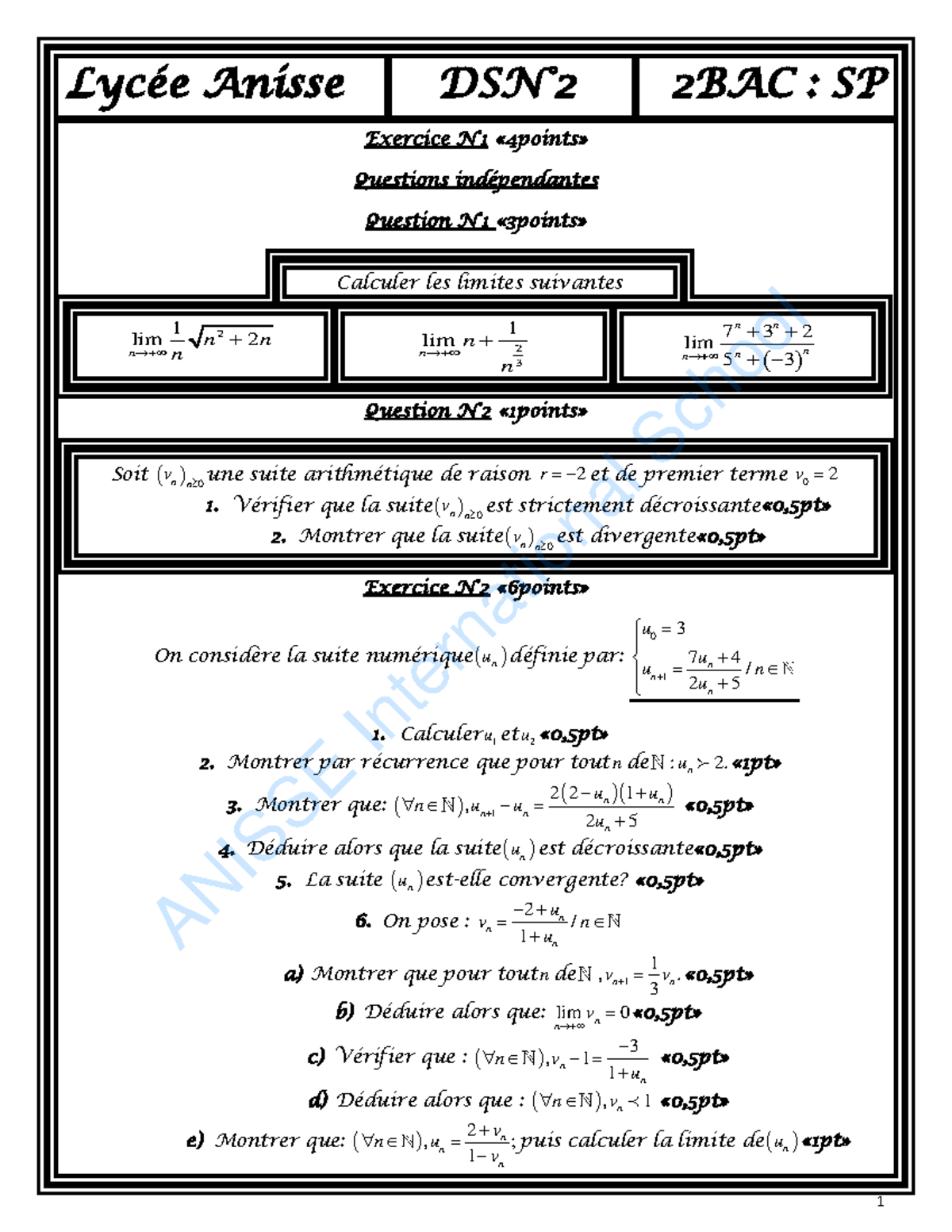 AIS 2122 2BAC PC S1 C2 Maths - 1 Lycée Anisse DSN°2 2BAC : SP Exercice ...