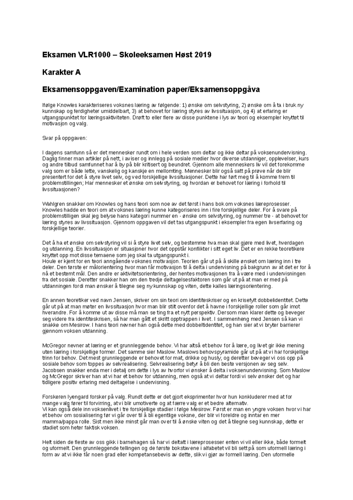 Eksamen VLR1000 - Karakter: A - VLR1000 - NTNU - Studocu