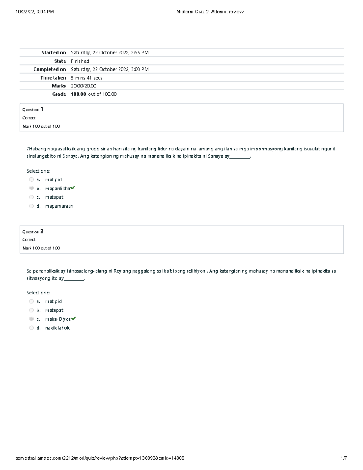Midterm Quiz 2 Attempt review - Started on Saturday, 22 October 2022, 2:55 PM State Finished ...