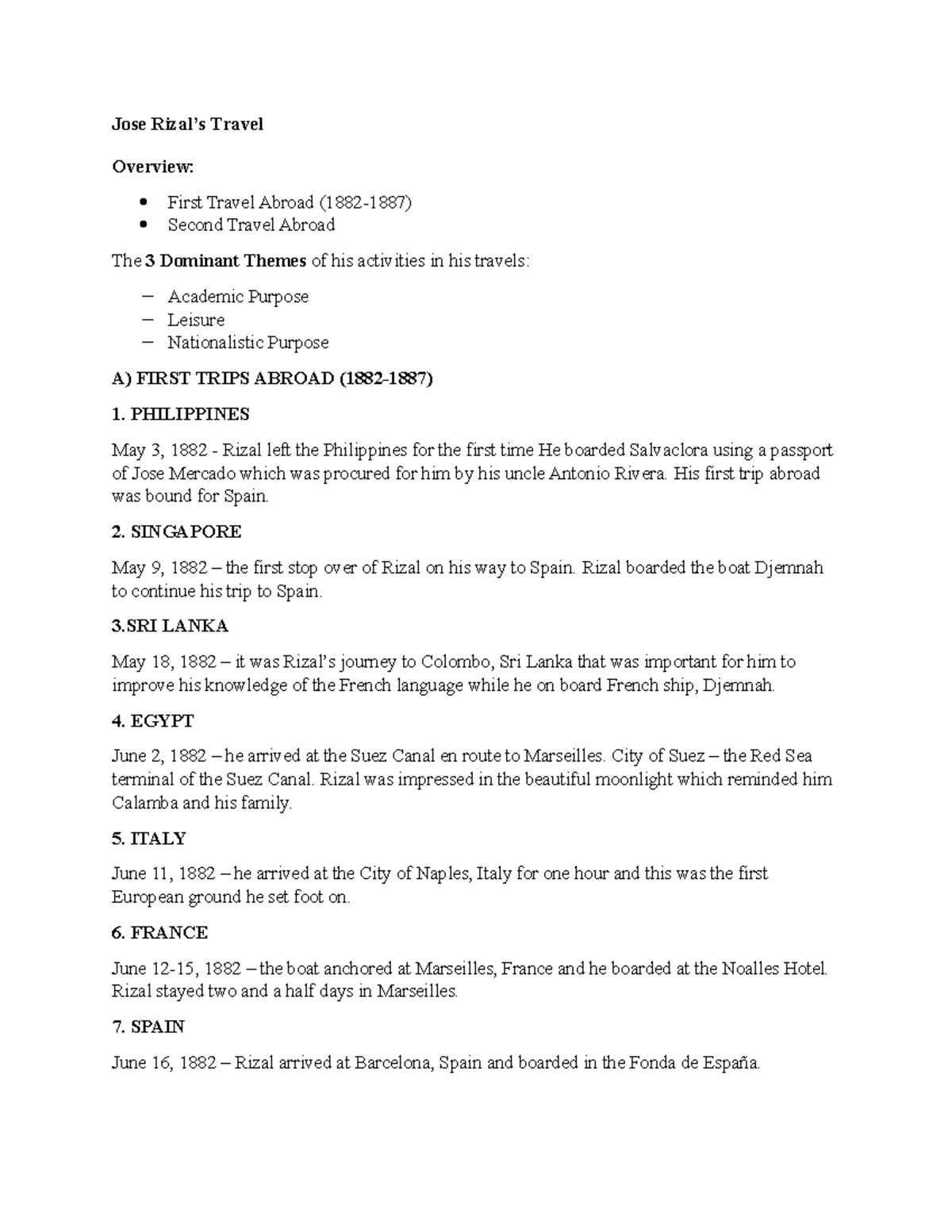 Jose Rizal - Jose Rizal’s Travel Overview: First Travel Abroad (1882 ...