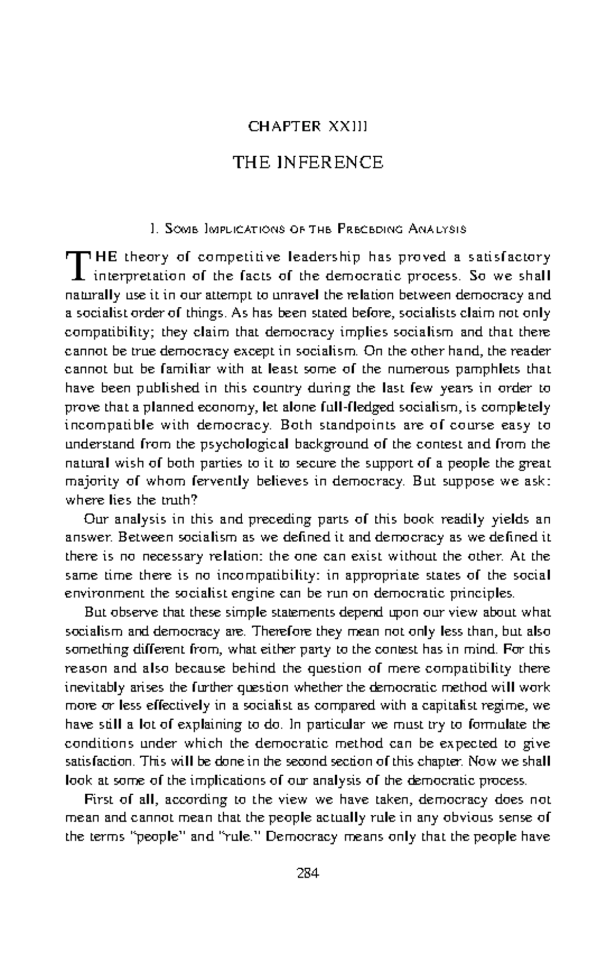Capitalism, Socialism and Democracy-103 - 284 CHAPTER XXIII THE INFERENCE I. SOME IMPLICATIONS ...