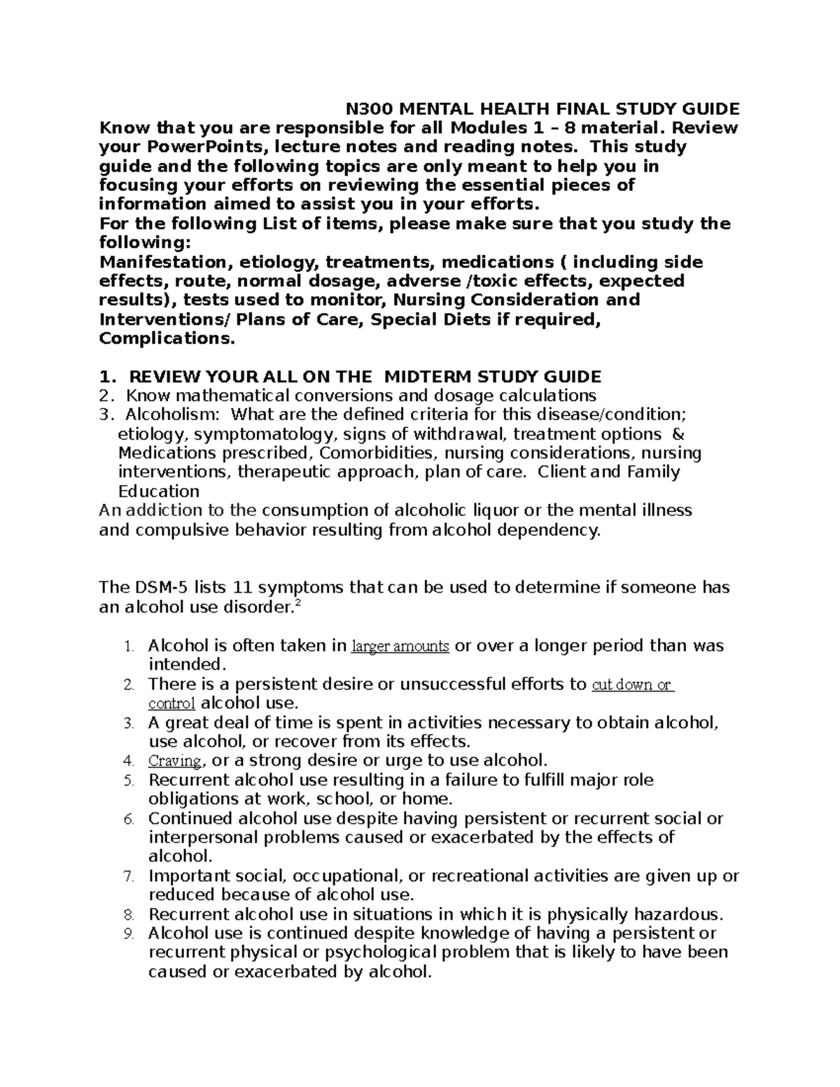 N300 Mental Health Final Exam Study Guide for Module 1 Resources - N300 ...