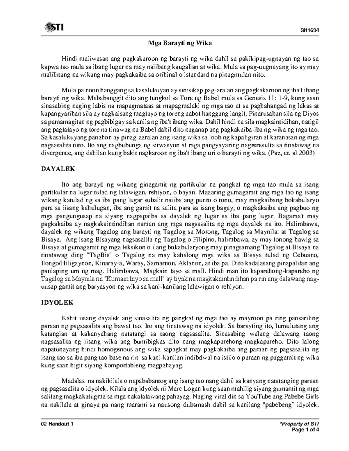 02 Handout 1(16) - ... - 02 Handout 1 *Property of STI Mga Barayti ng Wika Hindi maiiwasan ang ...