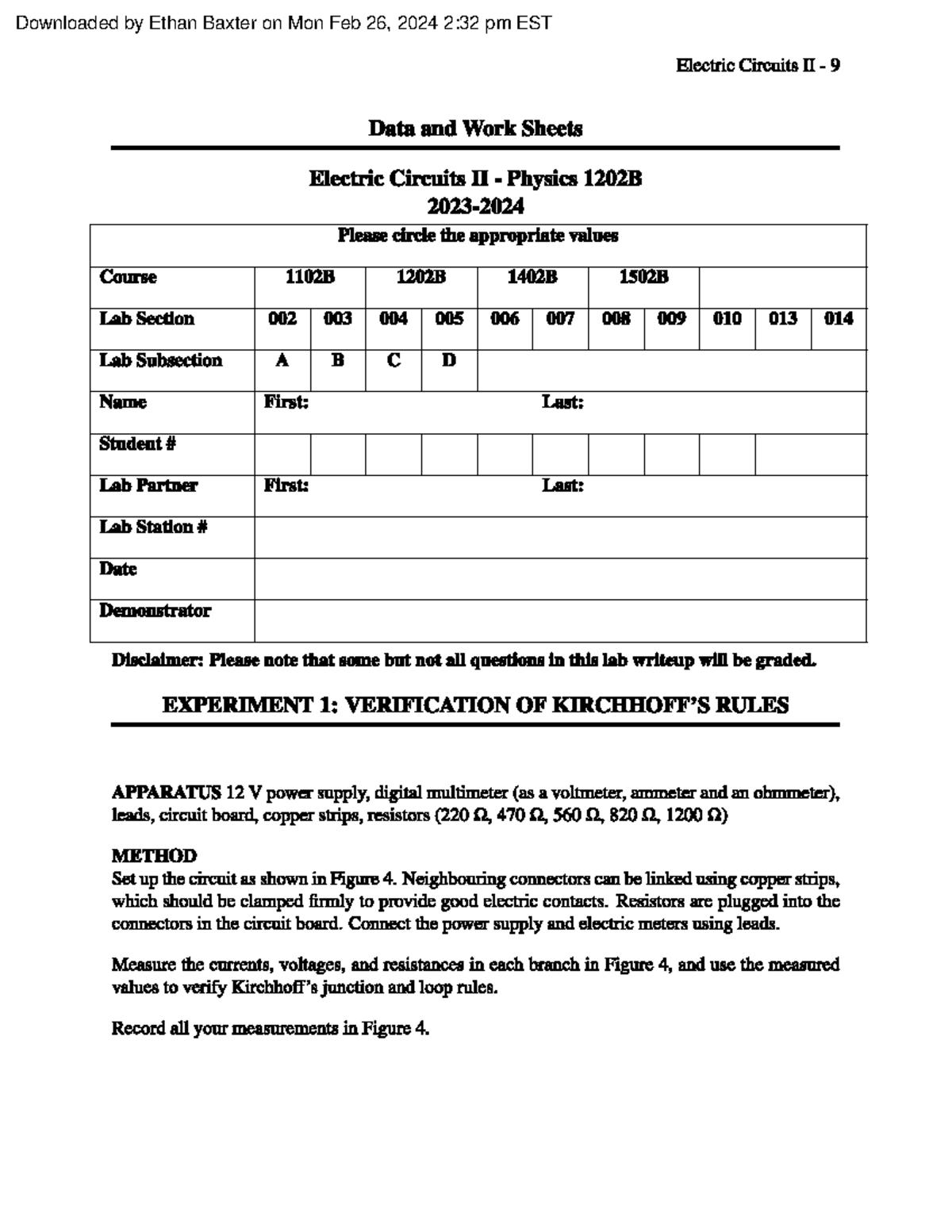 Work sheets Circuits II 1202 - Physics 1202 - Studocu