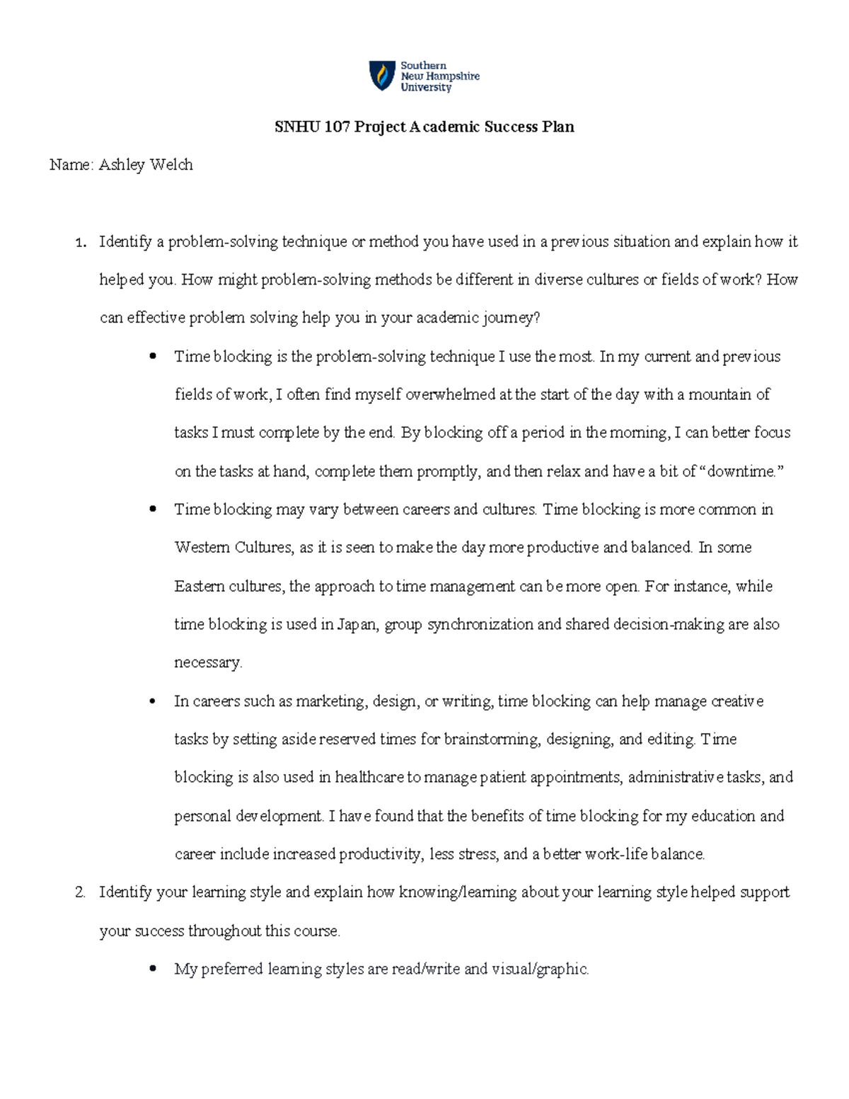 SNHU 107 7-2 Final Project - SNHU 107 Project Academic Success Plan ...