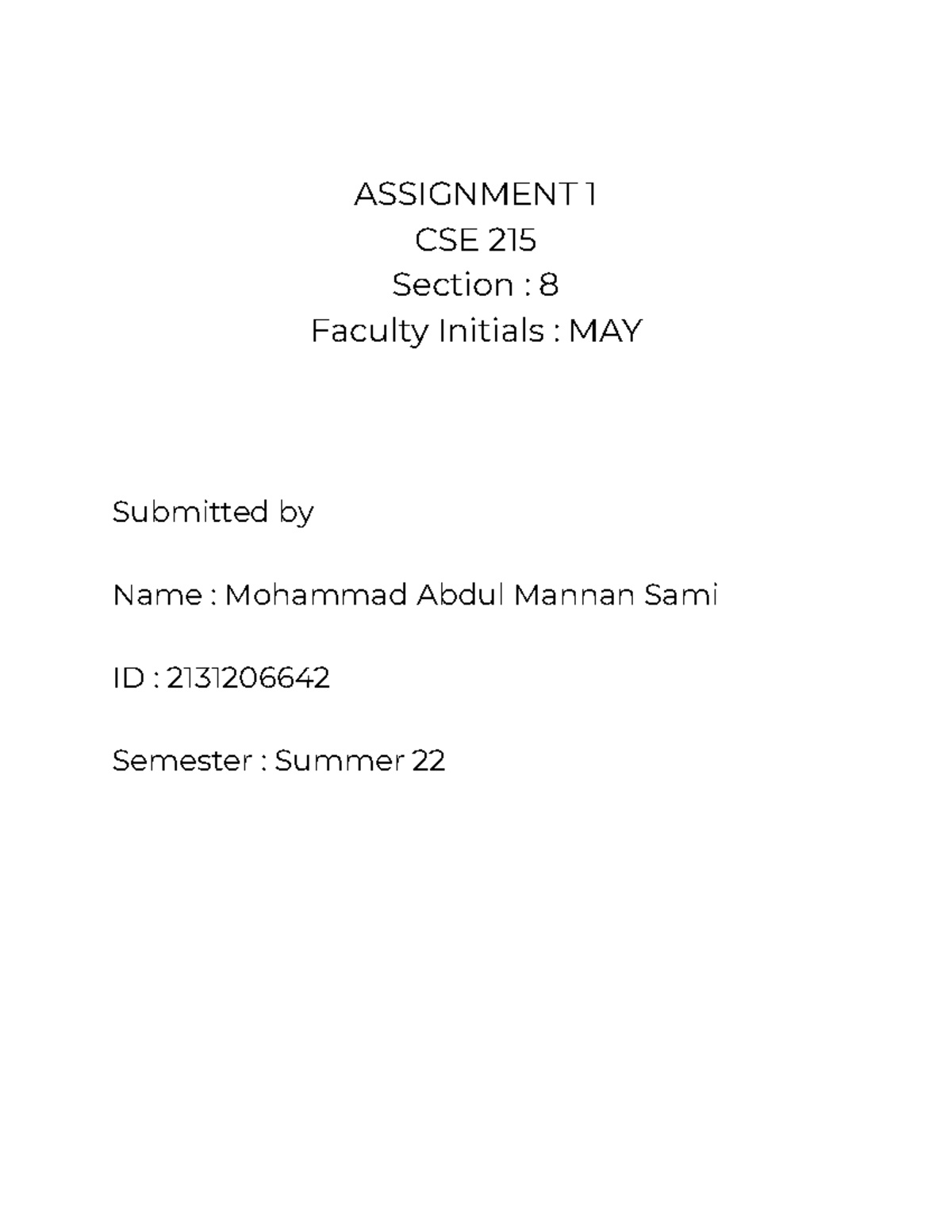Cse Assignment Assignment 1 Cse 215 Section 8 Faculty Initials May Submitted By Name