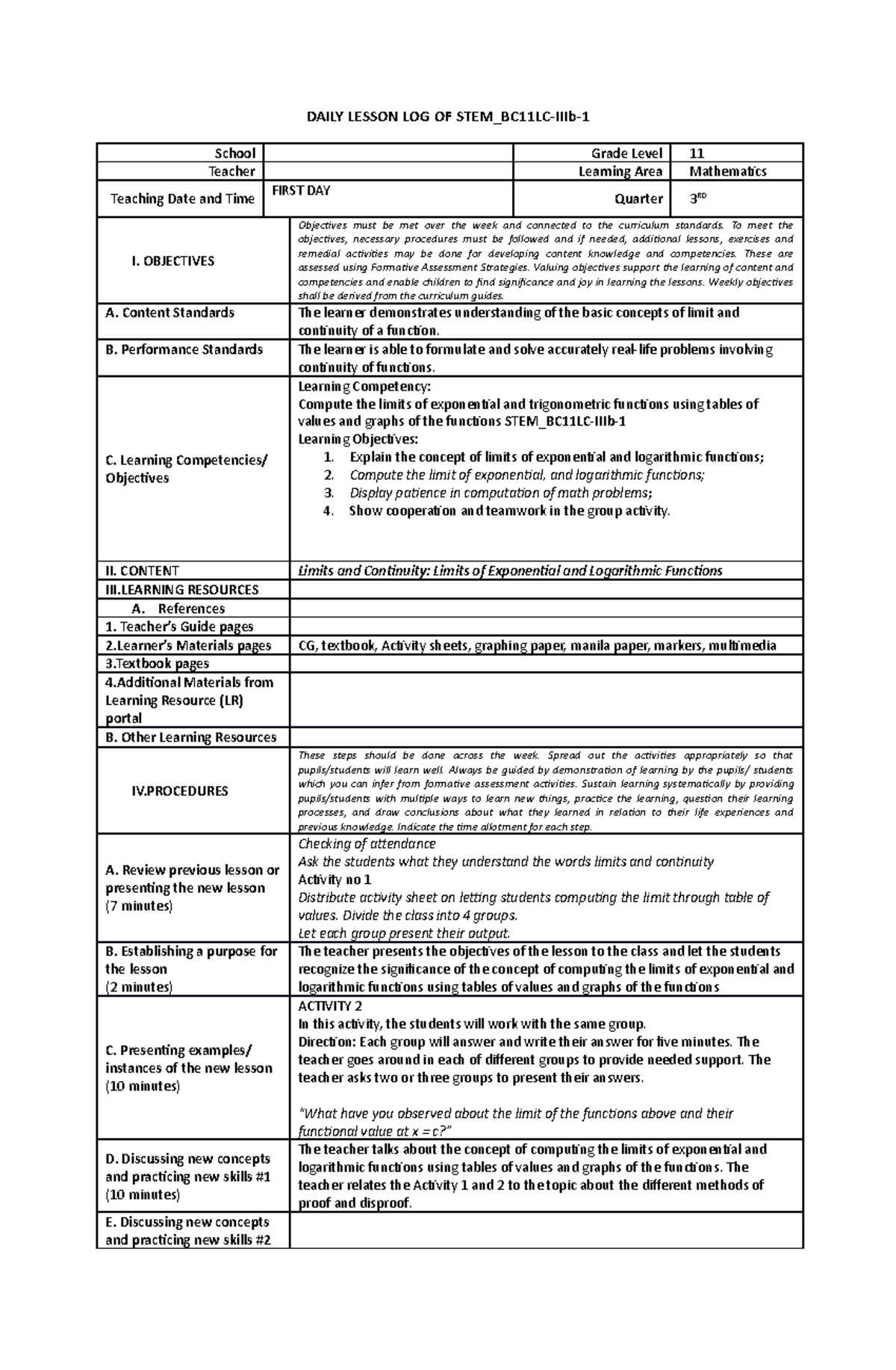 BC III-5 - ggg - DAILY LESSON LOG OF STEM_BC11LC-IIIb- School Grade ...