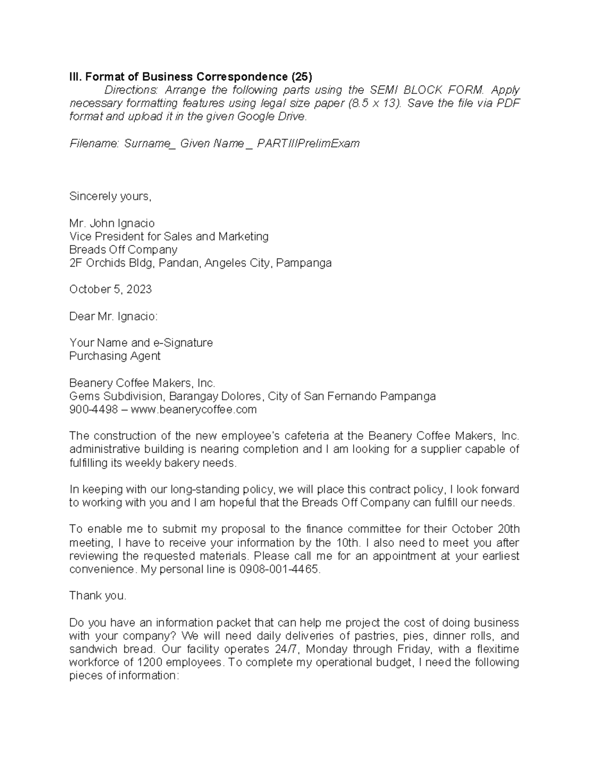 Prelim EXAM PART III - exam paper - III. Format of Business ...