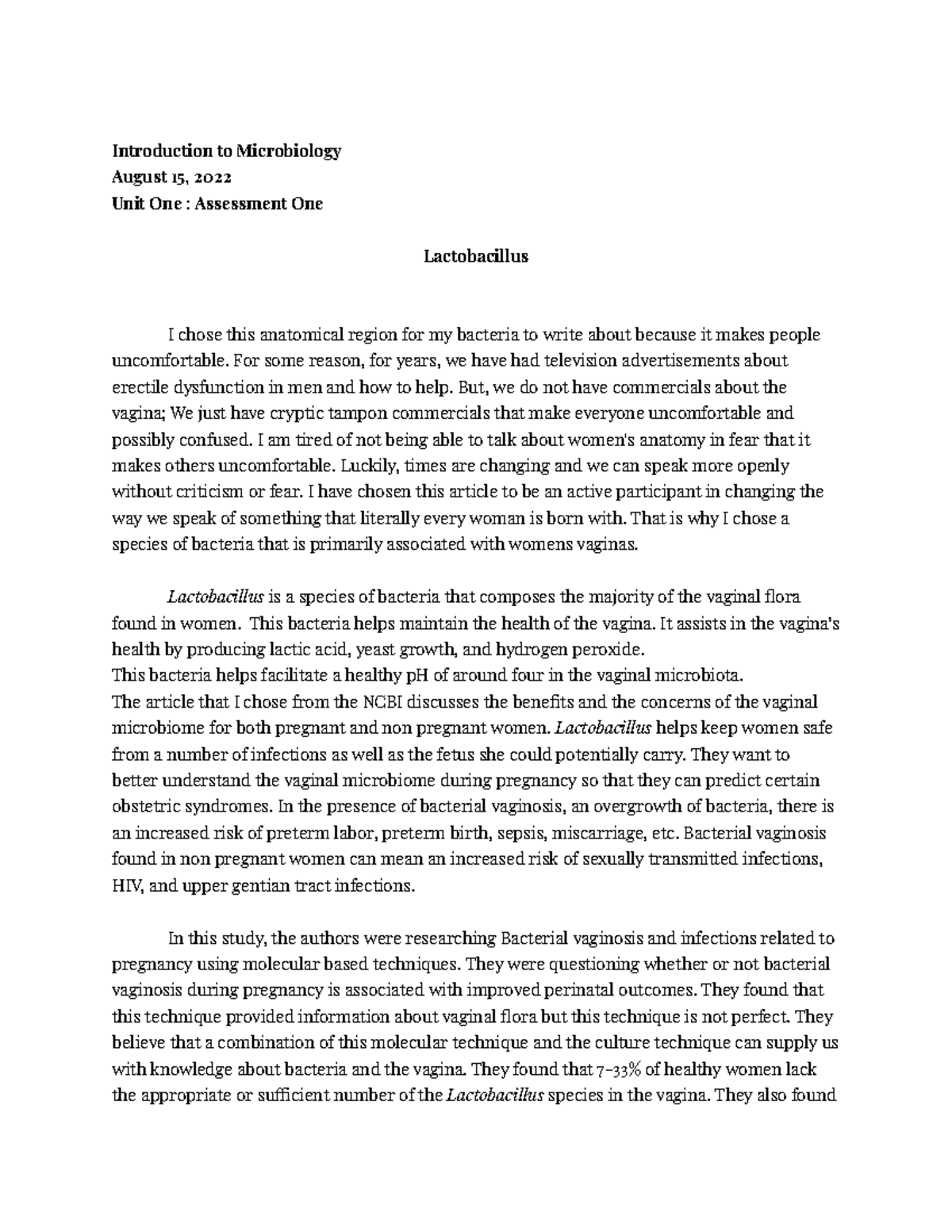 Bacteria Essay - Introduction to Microbiology August 15, 2022 Unit One ...