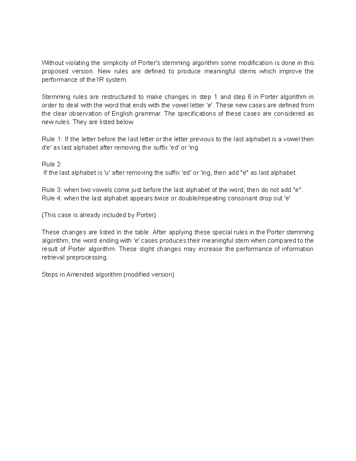 Amended Porter Stemming Algorithm Without Violating The Simplicity Of Porters Stemming