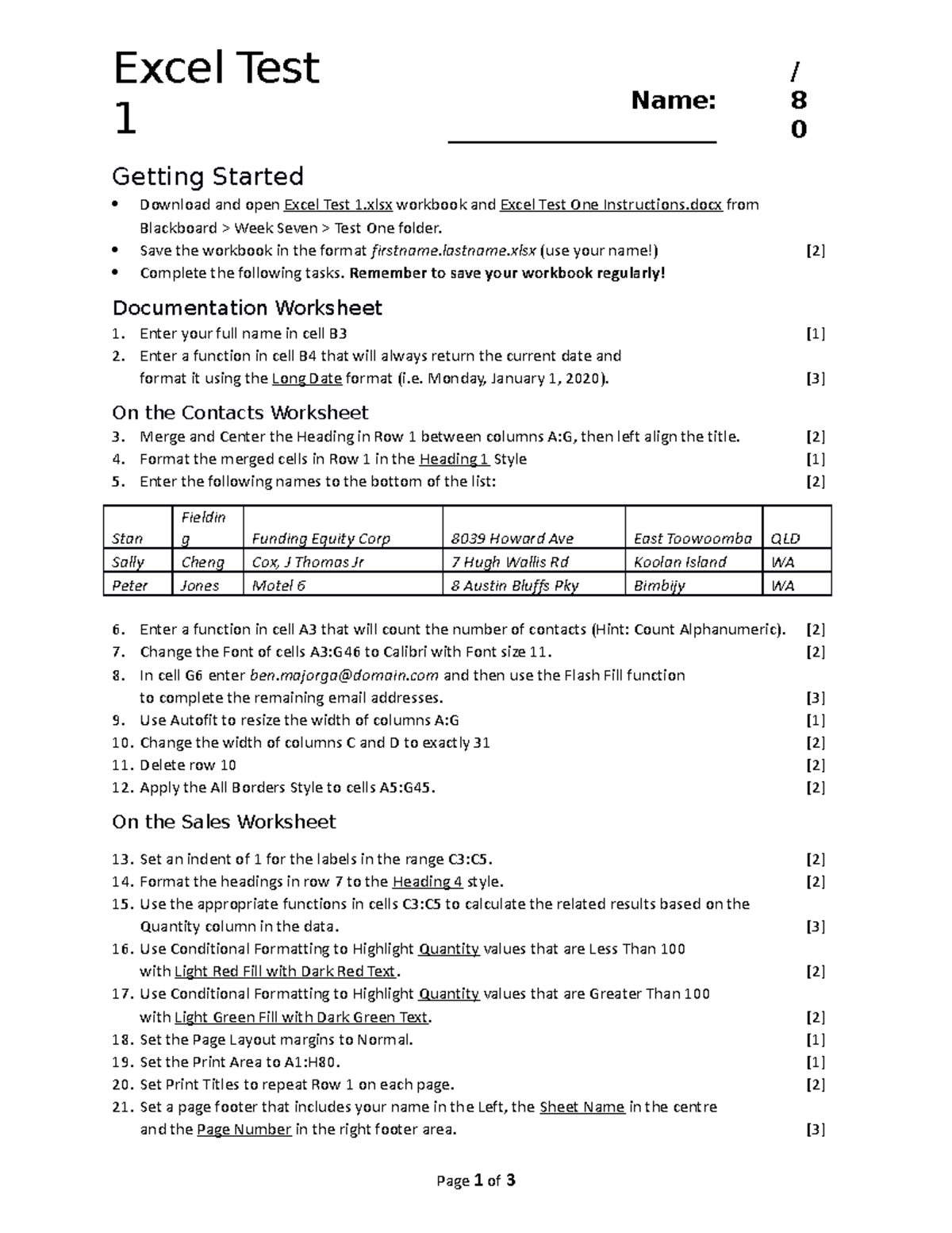 Excel Test 1 - F23 - r1 - Test 1 - Excel Test 1 Name ...
