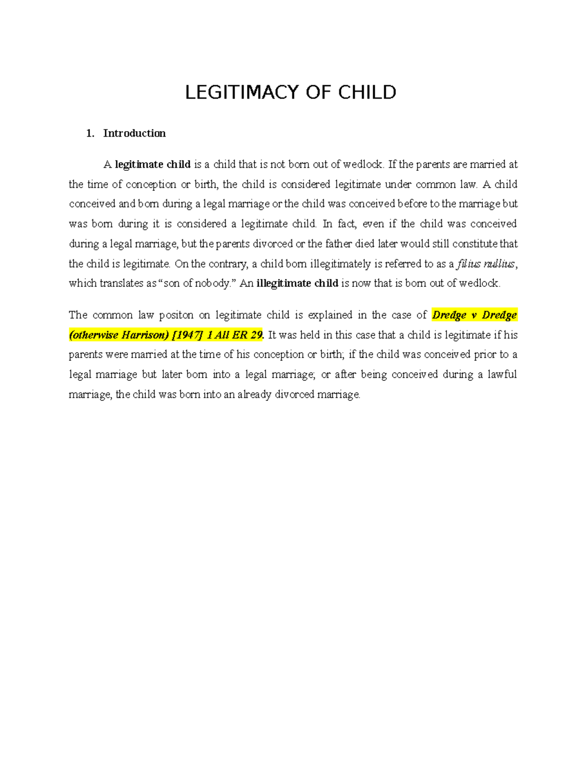 Legitimacy of child notes - LEGITIMACY OF CHILD Introduction A ...
