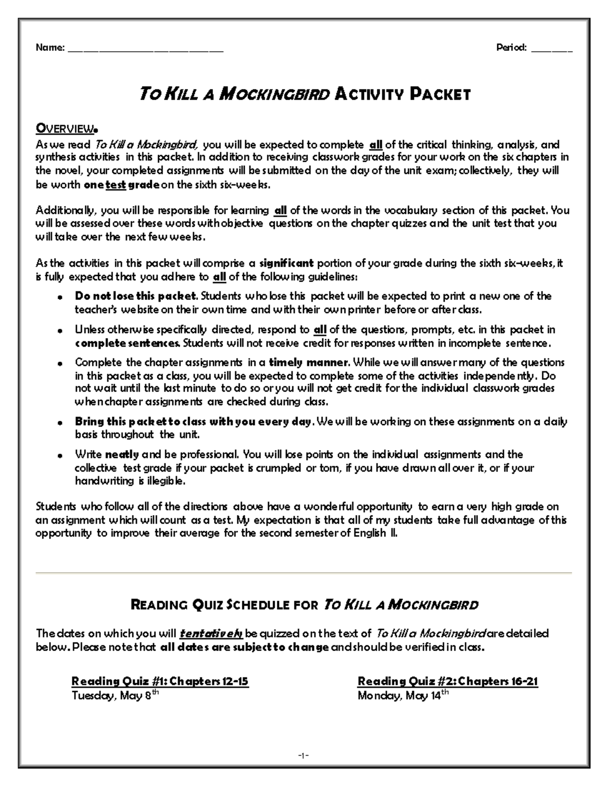 TO KILL A Mockingbird Activity Packet - Name ...