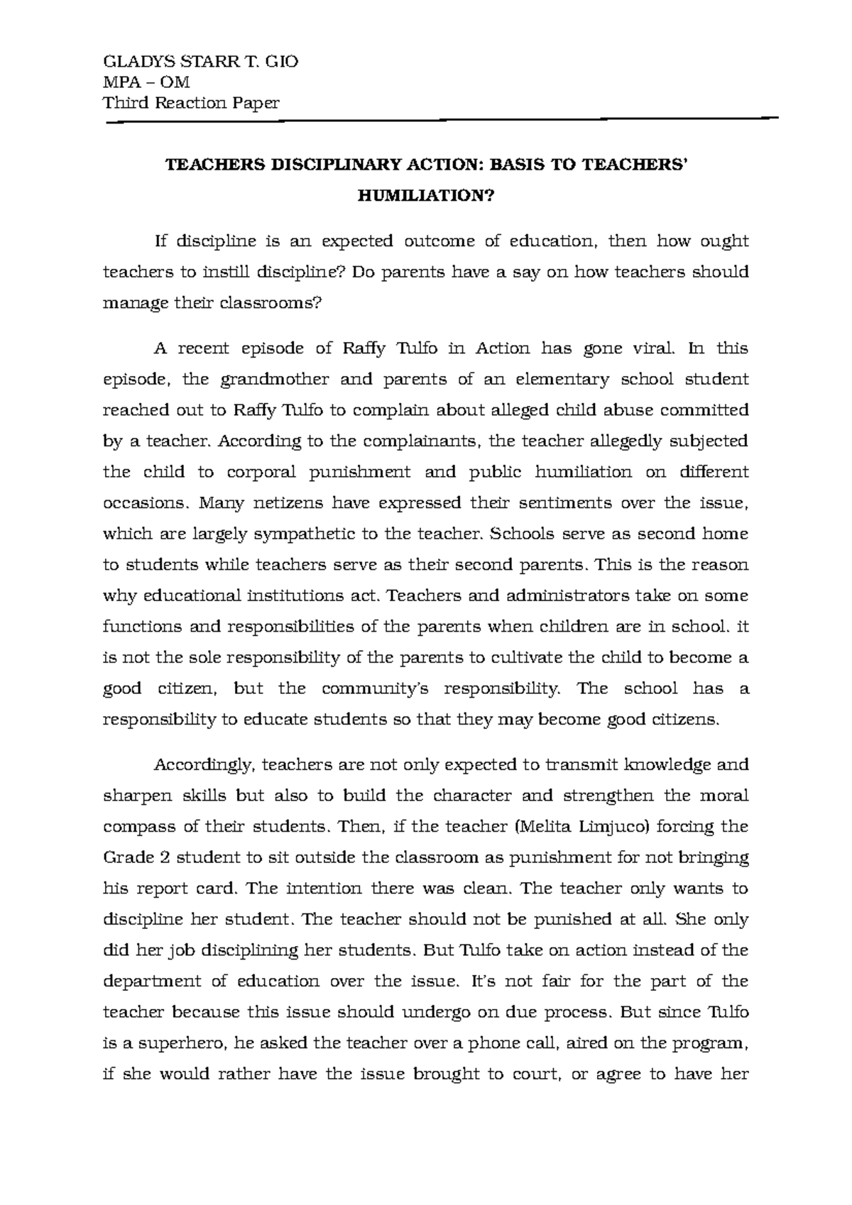 TEACHERS DISCIPLINARY ACTION: BASIS TO TEACHERS’ HUMILIATION? - GLADYS ...