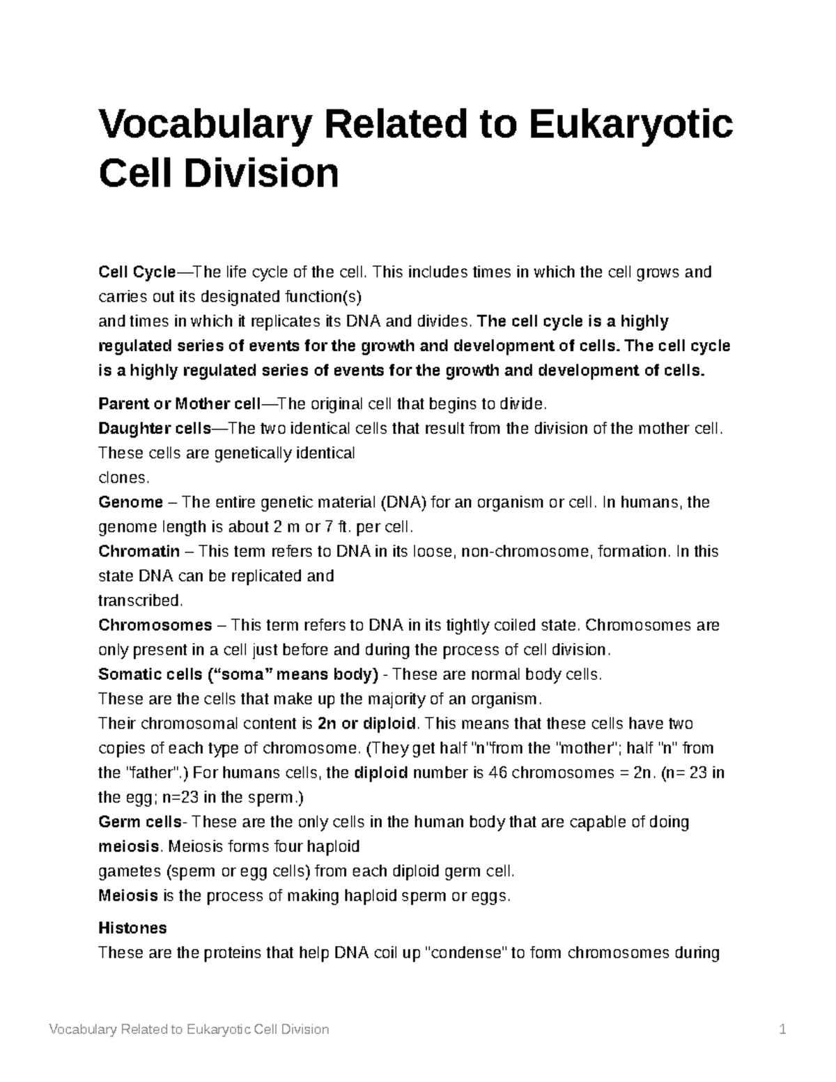 Vocabulary Related to Eukaryotic Cell Division - This includes times in ...
