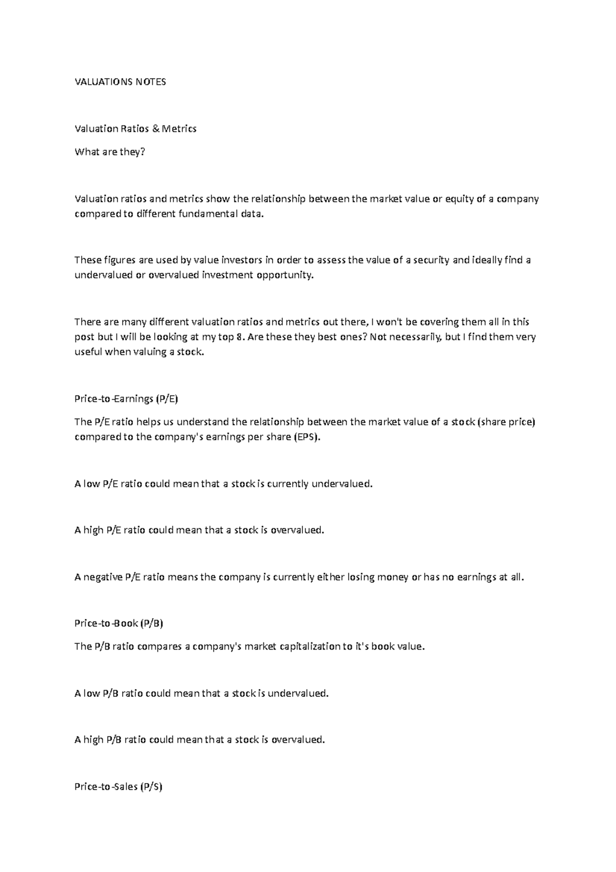 Valuations Notes - VALUATIONS NOTES Valuation Ratios & MetricsWhat are ...