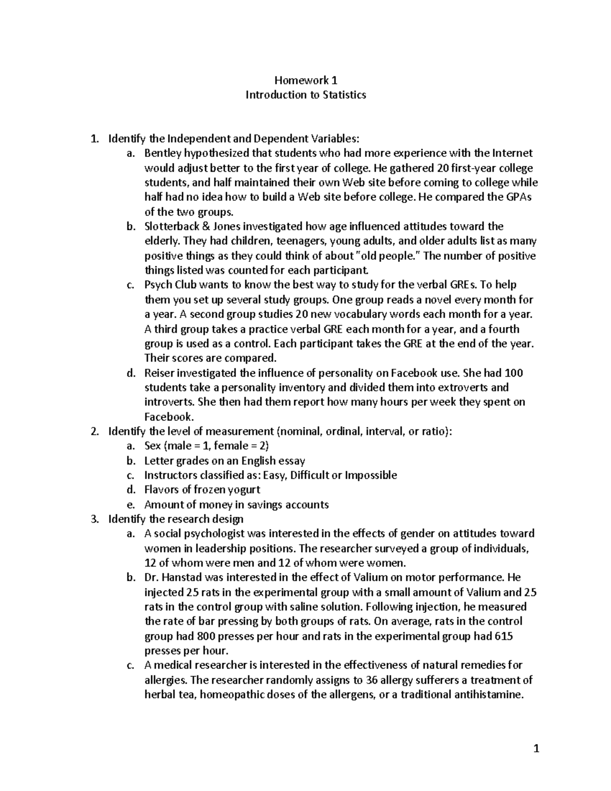 Hw 1 Stats Homework 1 1 Homework 1 Introduction To Statistics Identify The Independent And