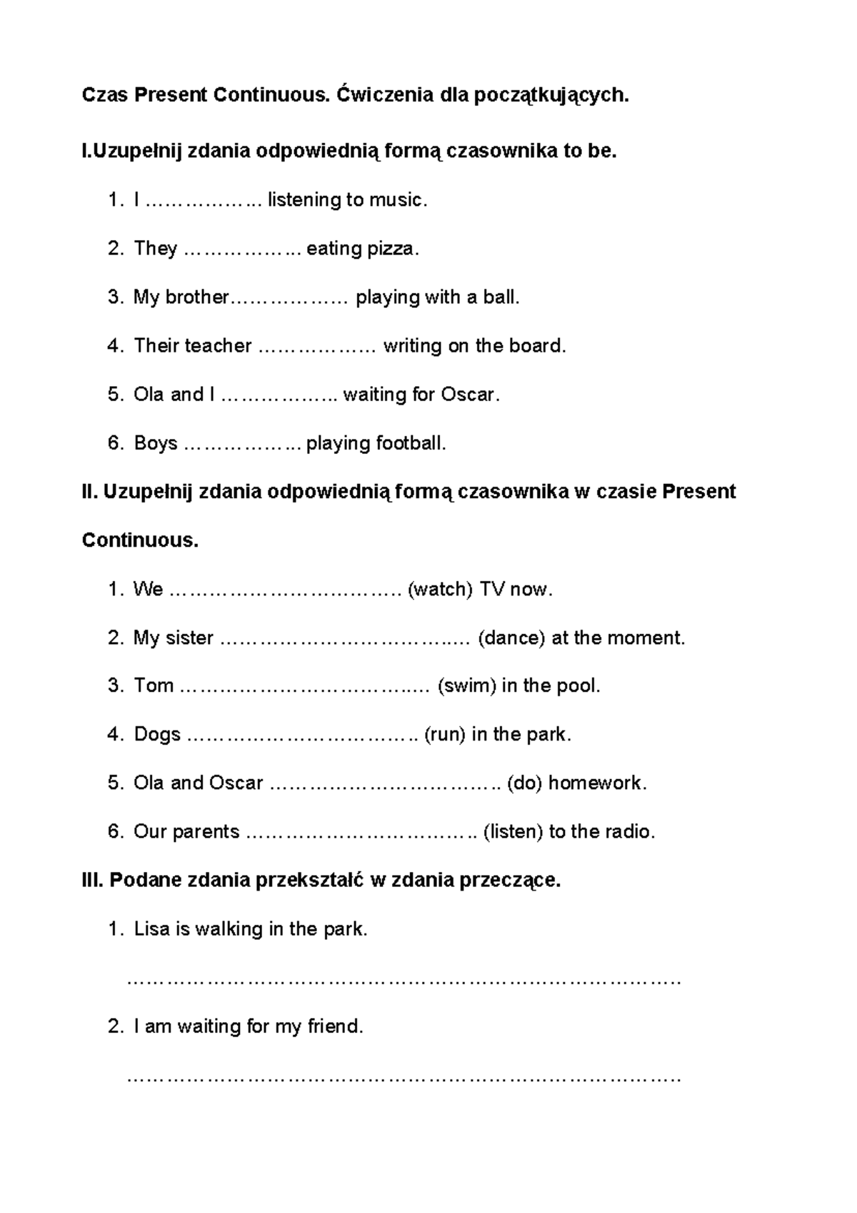 Czas-Present-Continuous - Czas Present Continuous. Ćwiczenia dla ...