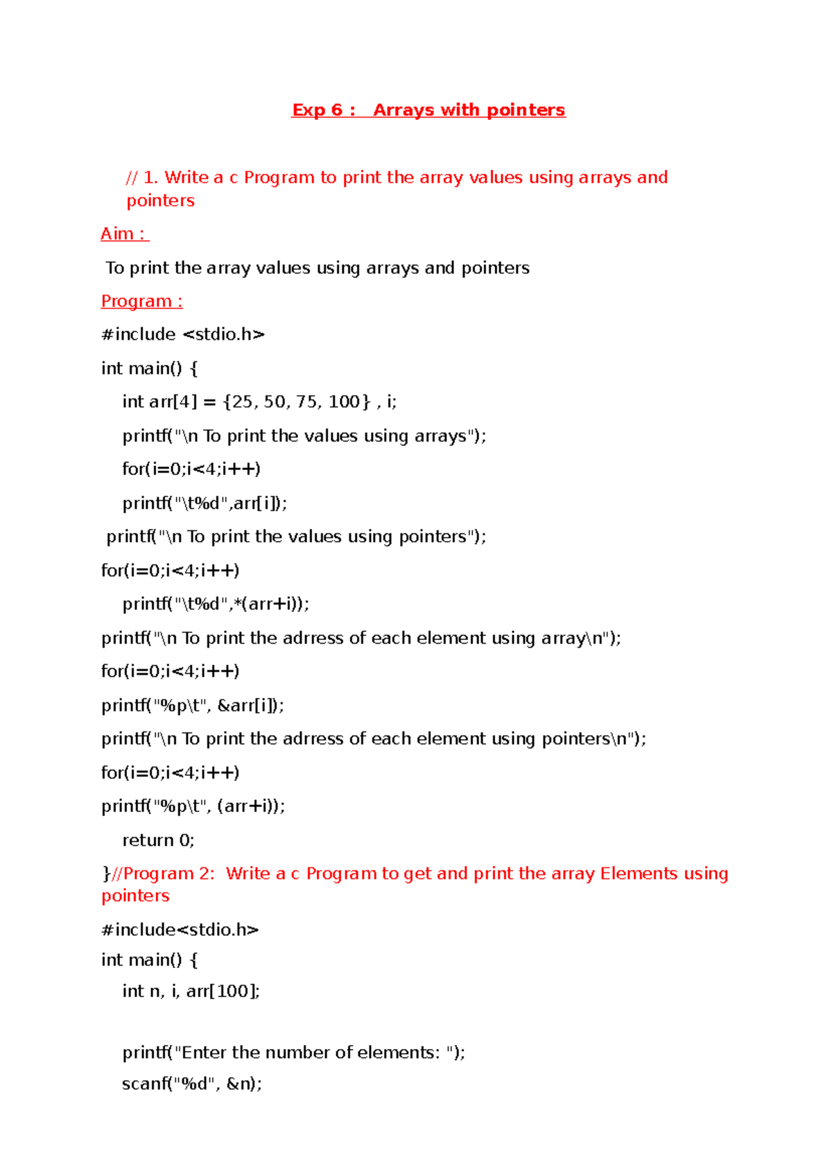 Exp 6 - Arrays with Pointers - Exp 6 : Arrays with pointers // 1. Write a c Program to print the ...