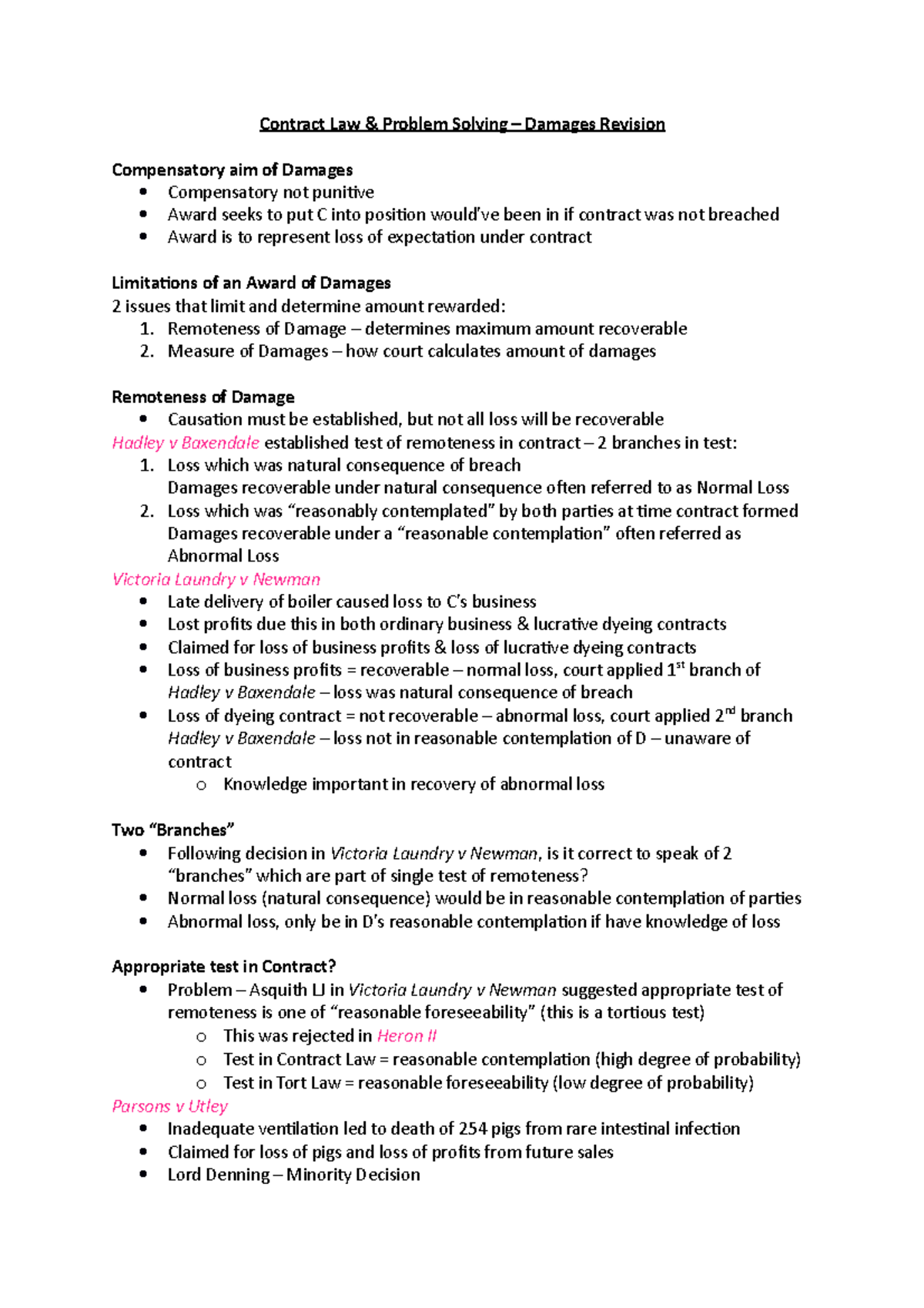 Damages Revision - Contract Law & Problem Solving – Damages Revision ...