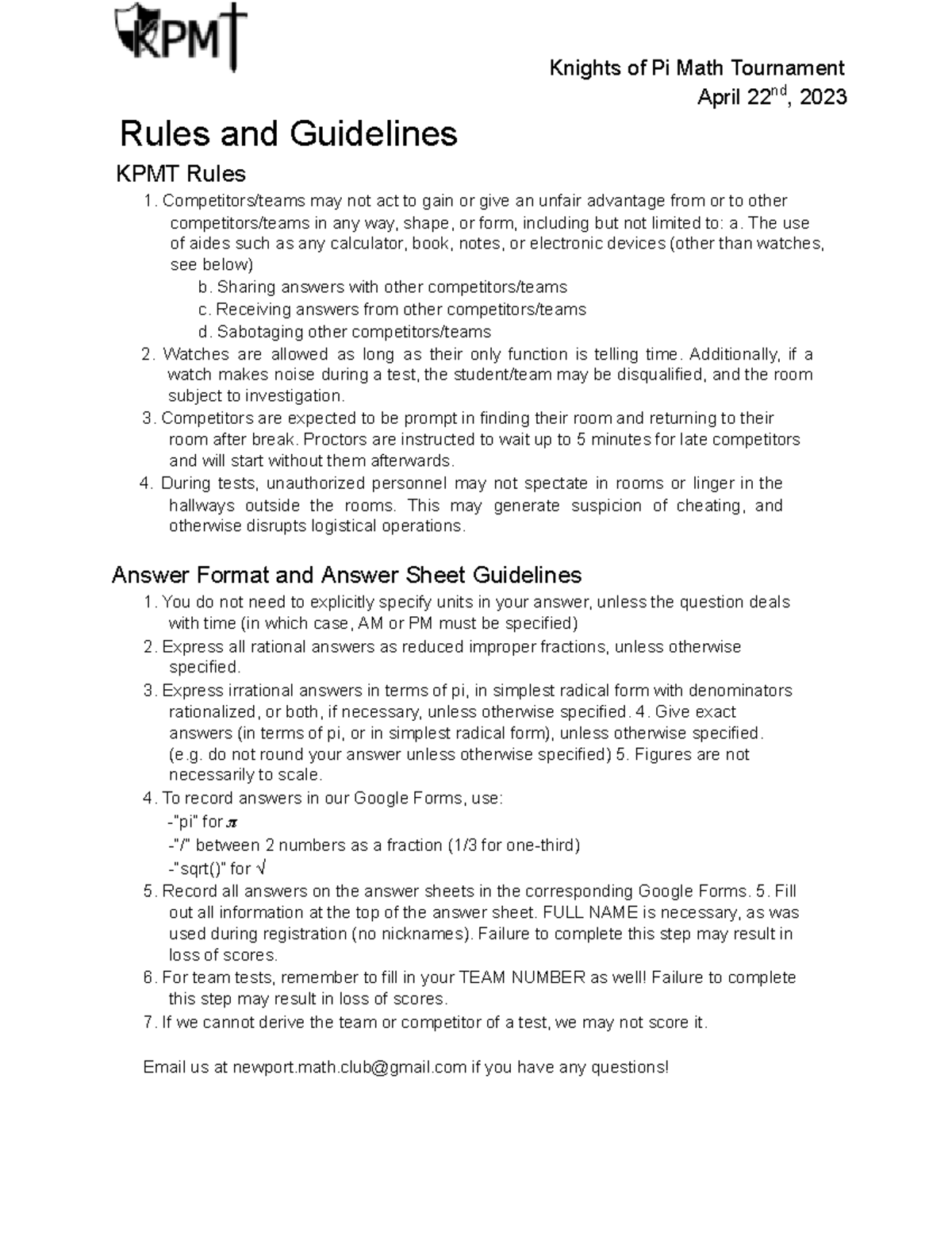 KPMT 2023 Rules and Guidelines - Knights of Pi Math Tournament April 22 ...