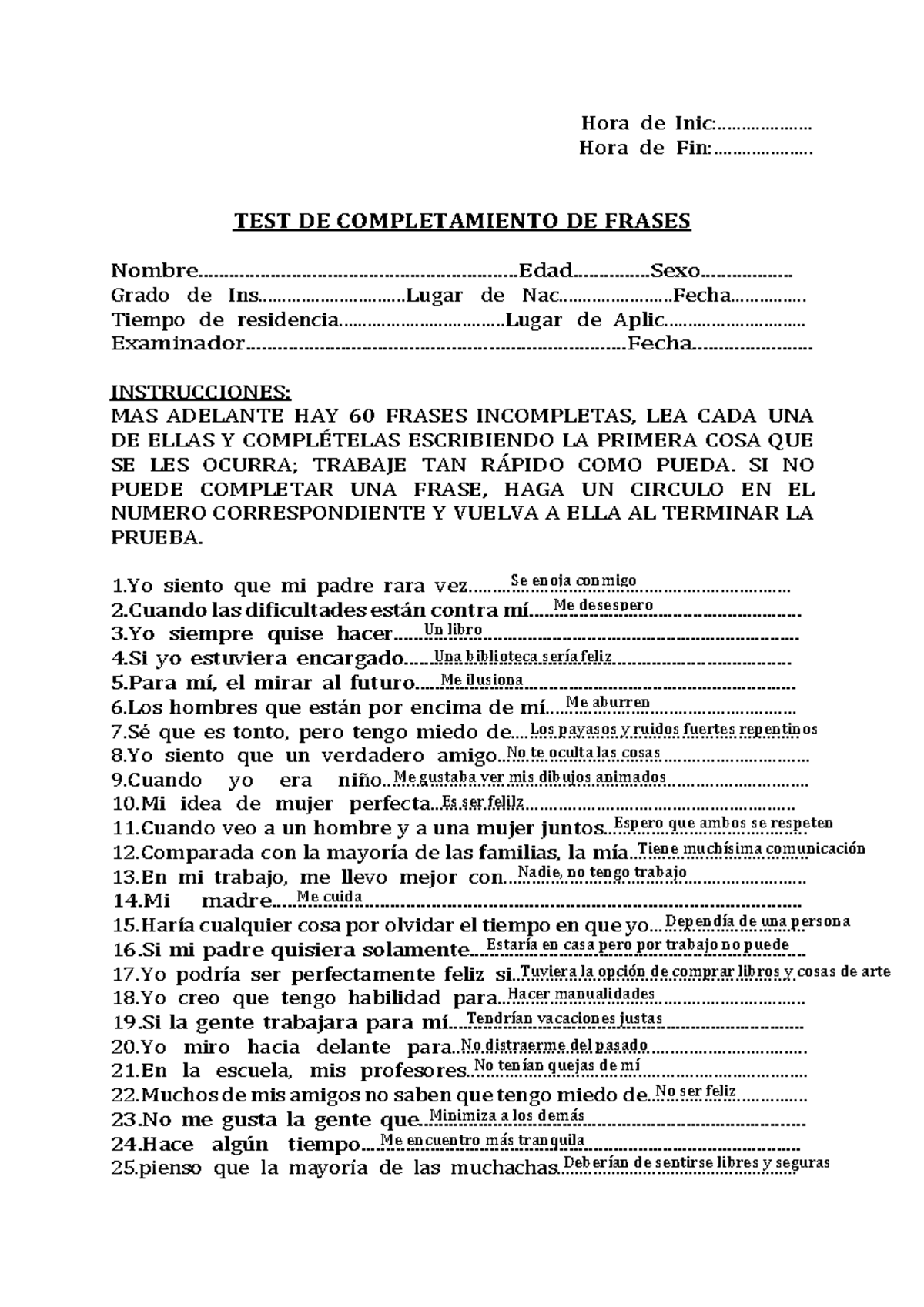 Formato de Test de frases incompletas de Sacks semana 11 - Hora de Inic
