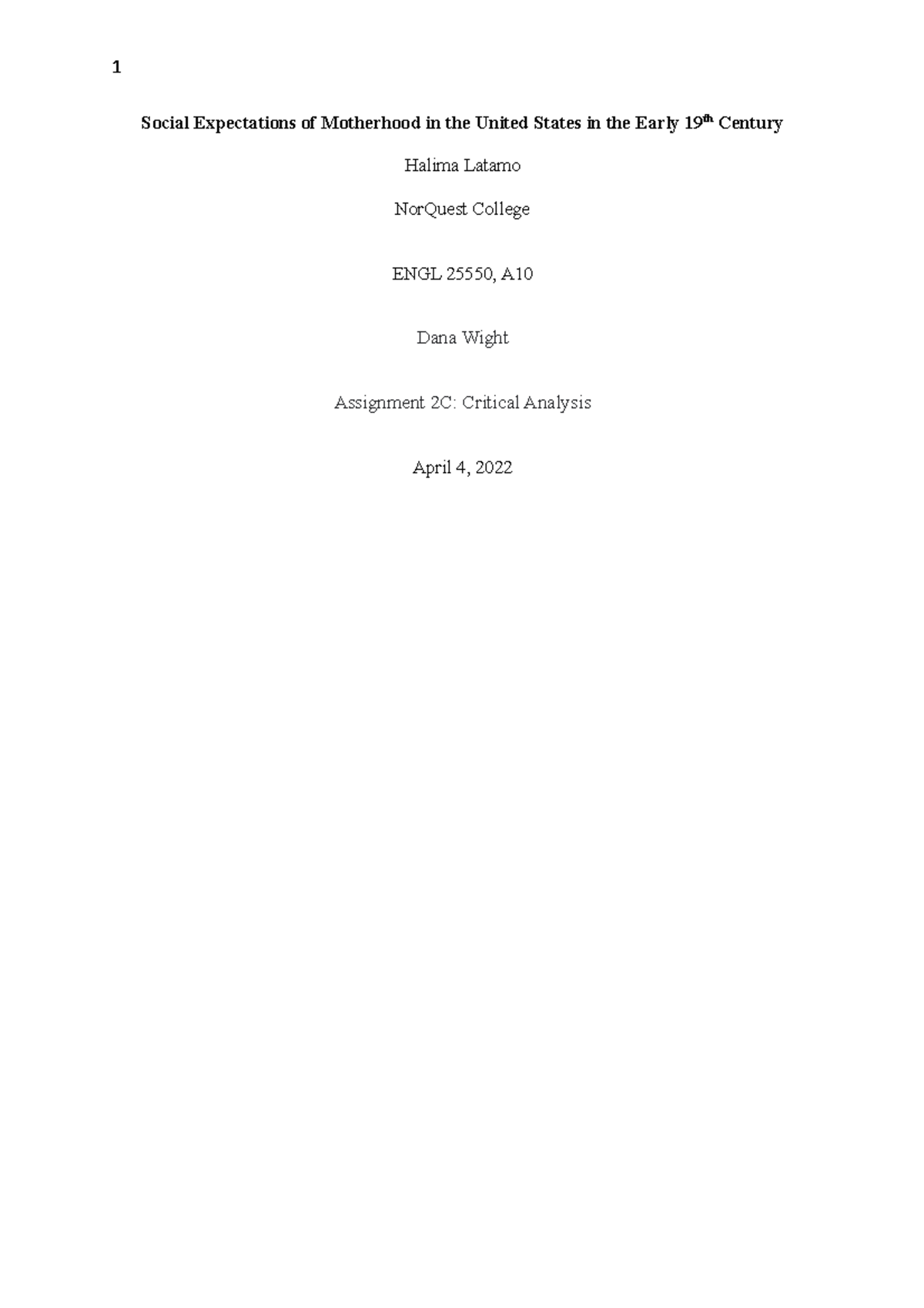 Assignment 2C - essay - Social Expectations of Motherhood in the United ...