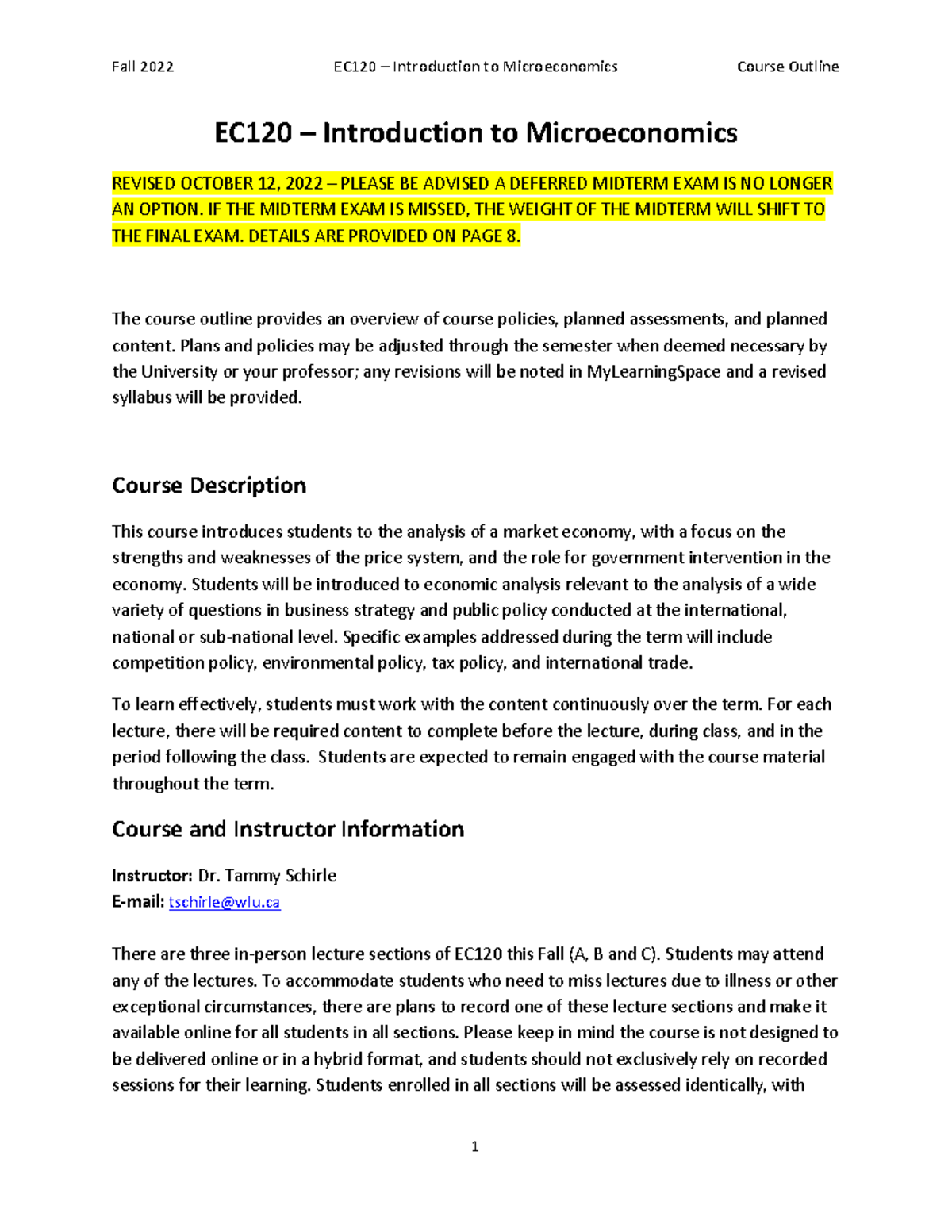 EC120 Course Outline - Fall 2022 revised October 12 - EC120 3 Introduction to Microeconomics ...