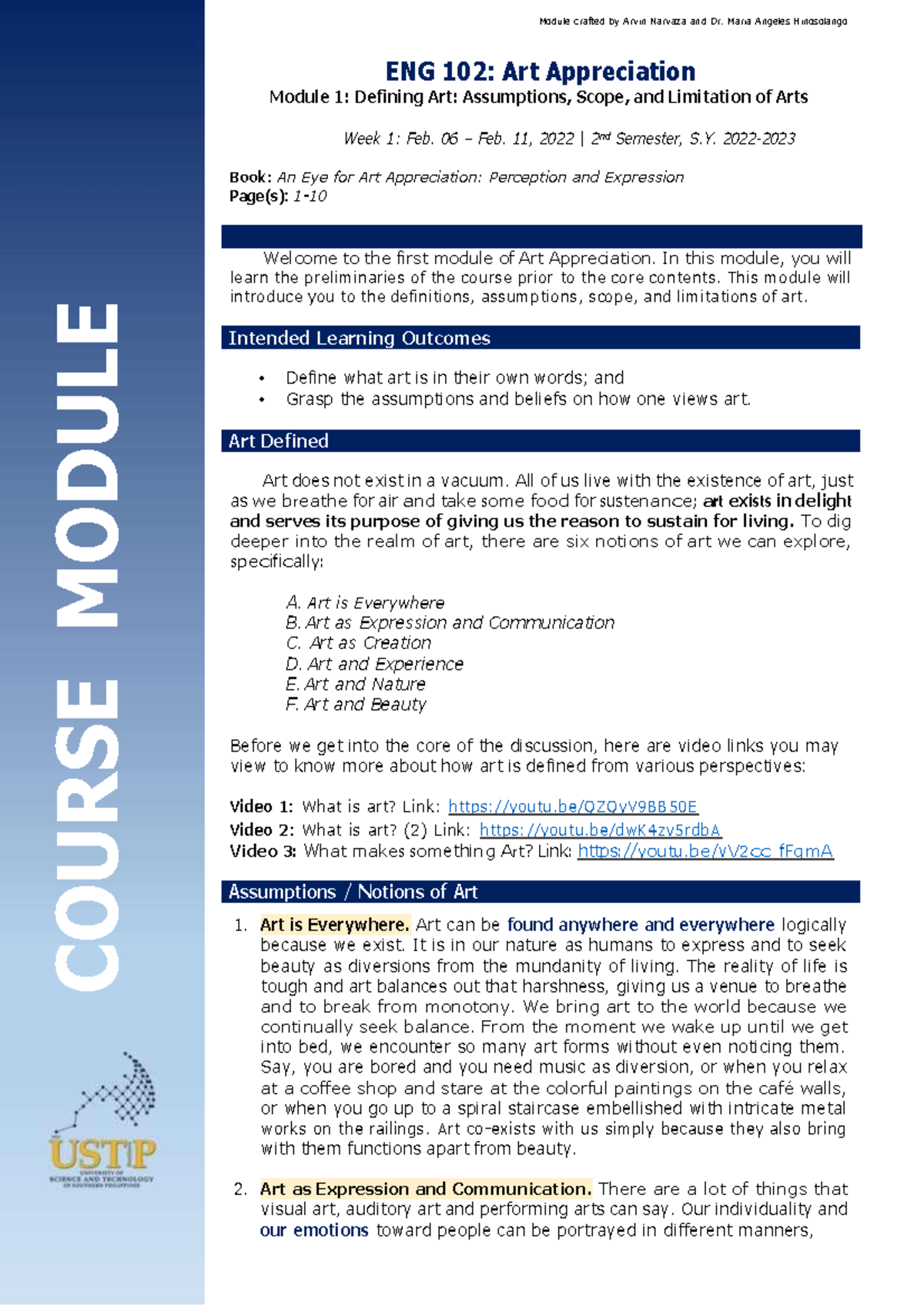 Art App MOD(1-7) - Art Appreciation Midterm Reviewer - COURSE MODULE ...