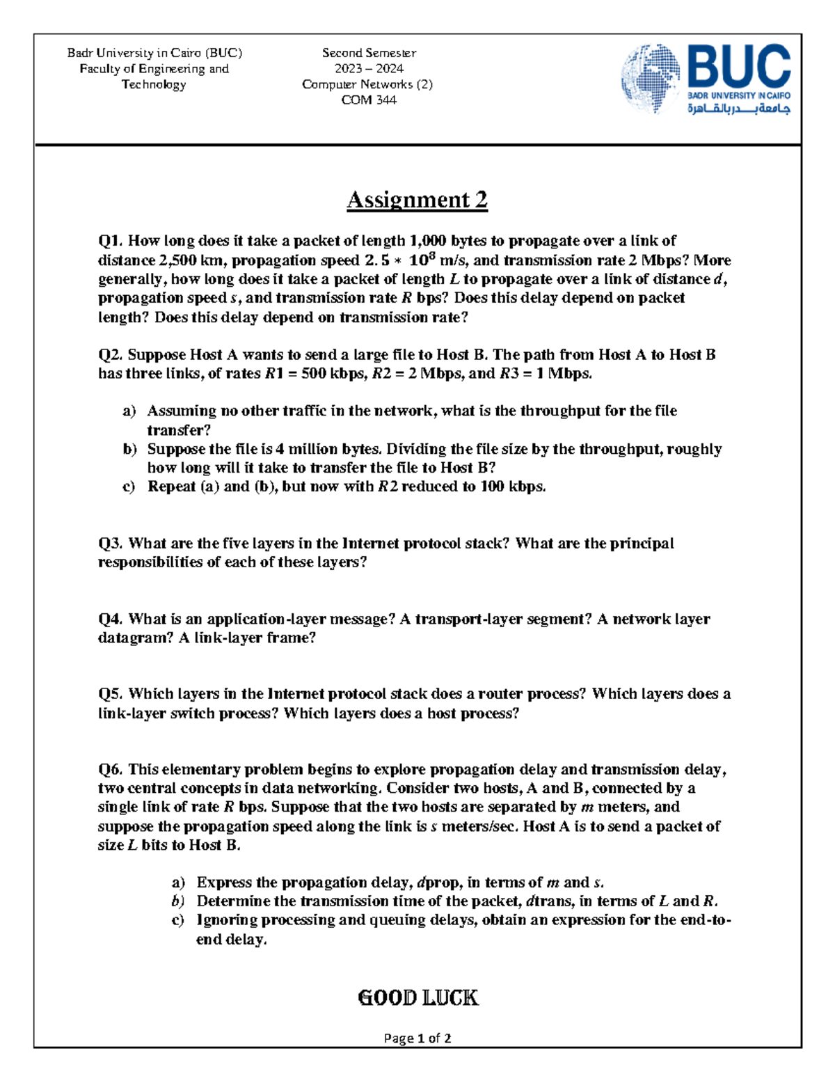 Assignment 2 - lec1 - Badr University in Cairo (BUC) Faculty of Engineering and Technology ...