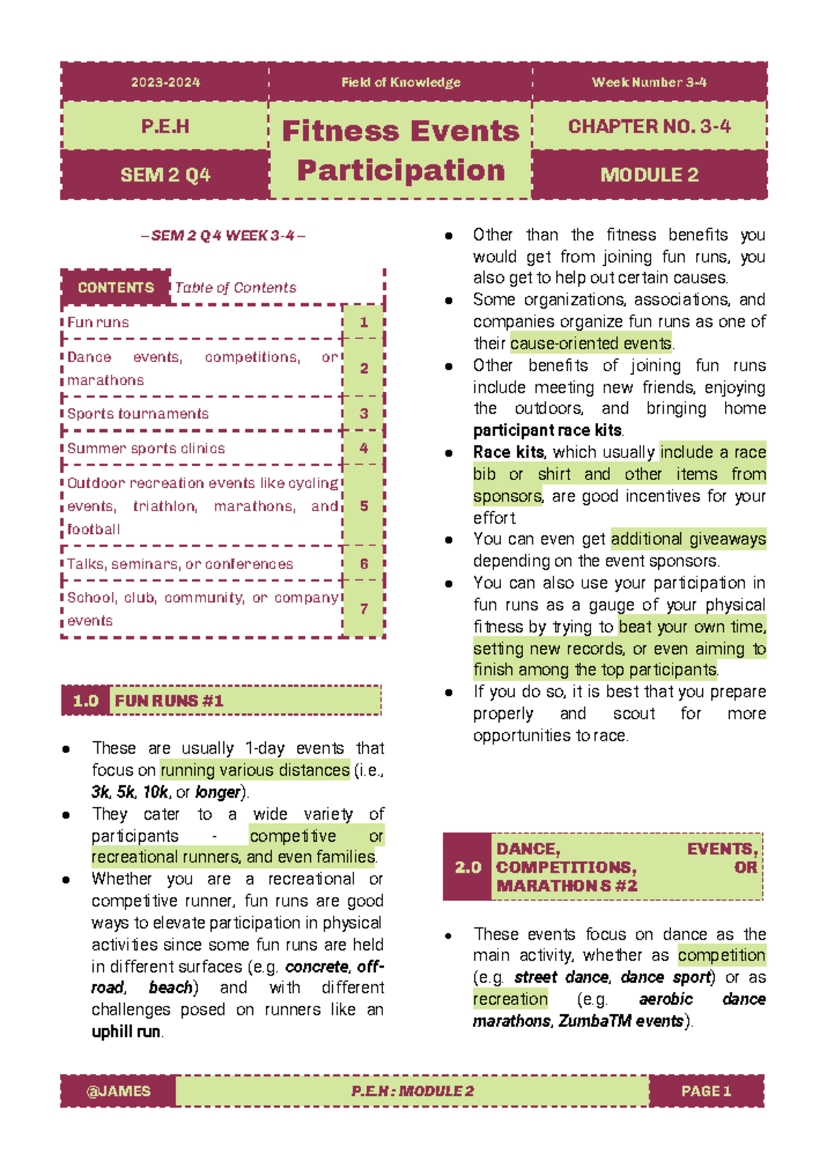 HOPE Notes - HOPE MODULE - P.E Fitness Events Participation CHAPTER NO ...