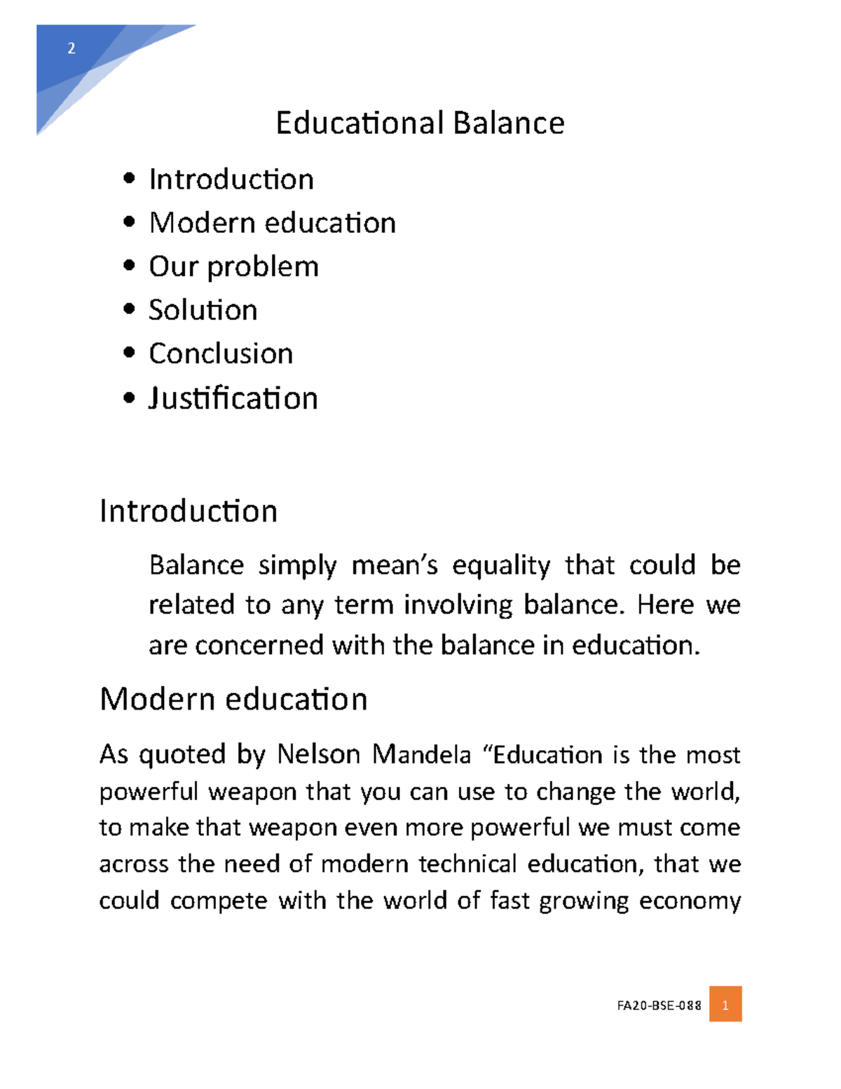 Essay - english assignment - 2 Educational Balance Introduction Modern ...