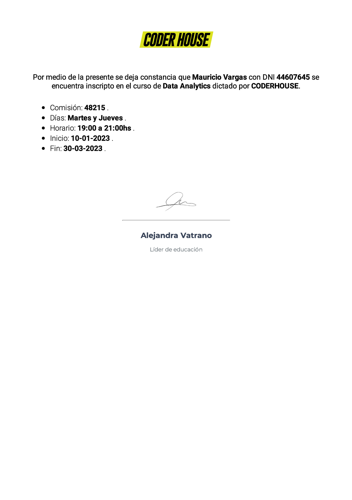 Certificado Curso de Data Analytics - CODER HOUSE Por medio de la ...