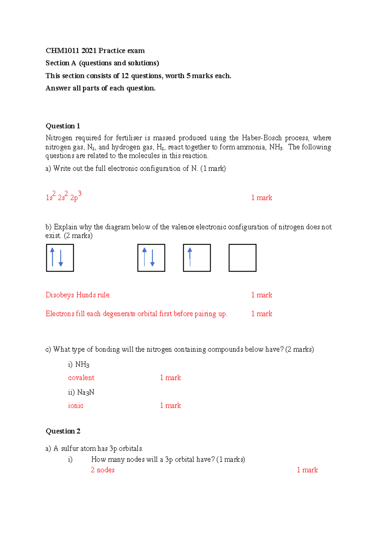 CHM1011 2021 Practice exam 1 Section A solutions - CHM1011 202 1 ...