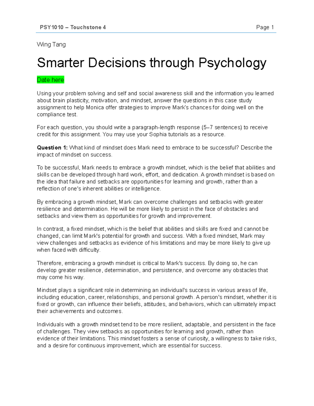 PSY1010 Case Study 3 Wing Tang - Wing Tang Smarter Decisions through ...