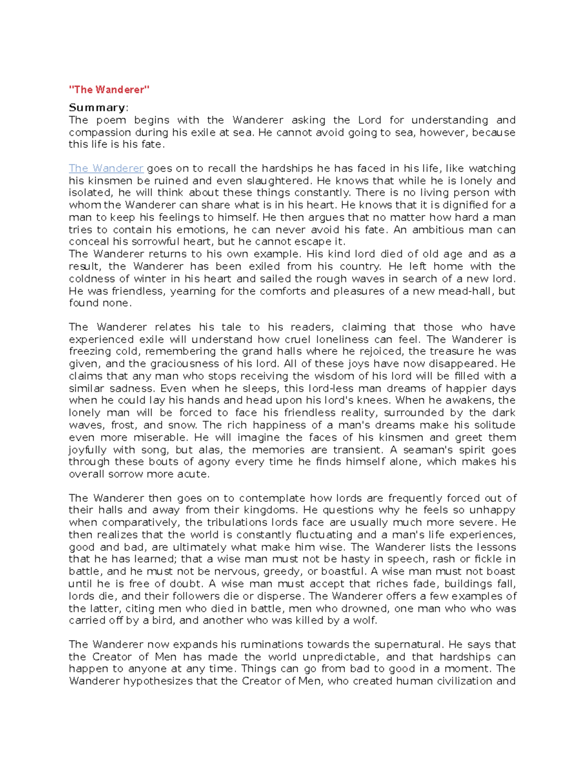 The Wanderer - This is a note of English literature - "The Wanderer ...