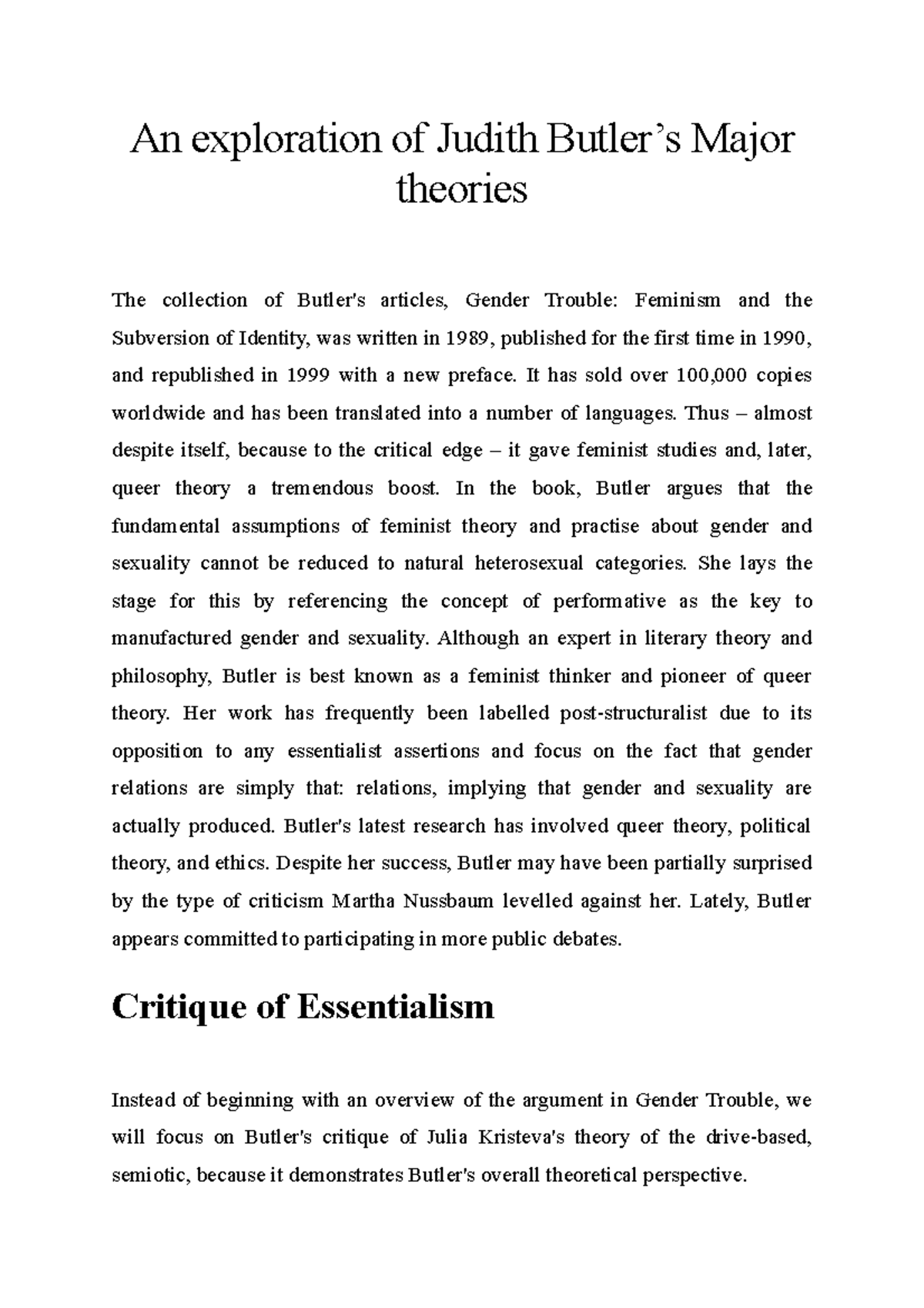 An exploration of Judith Butler’s Major theories - An exploration of ...