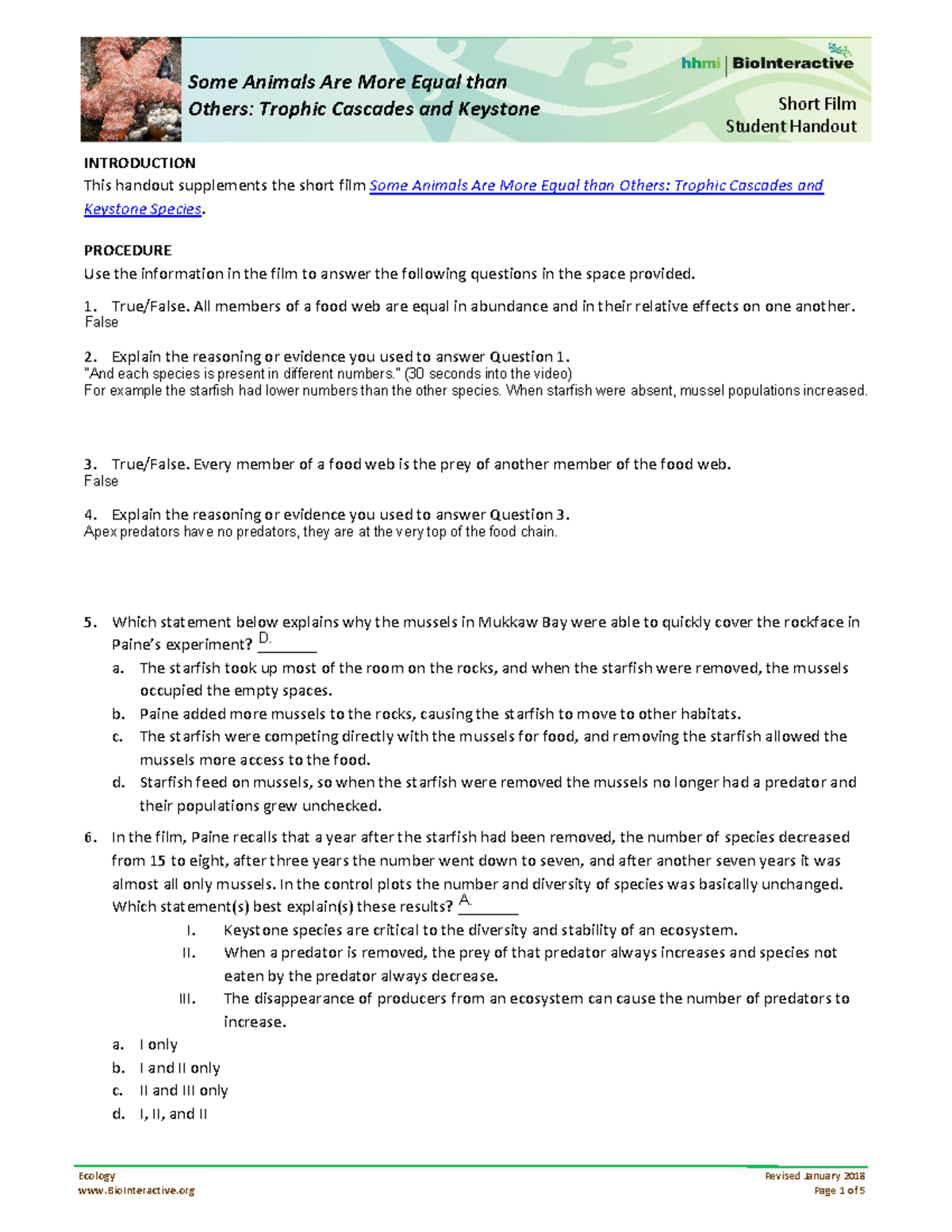 Trophic Cascades Worksheet Completed Alongside The Hhmi