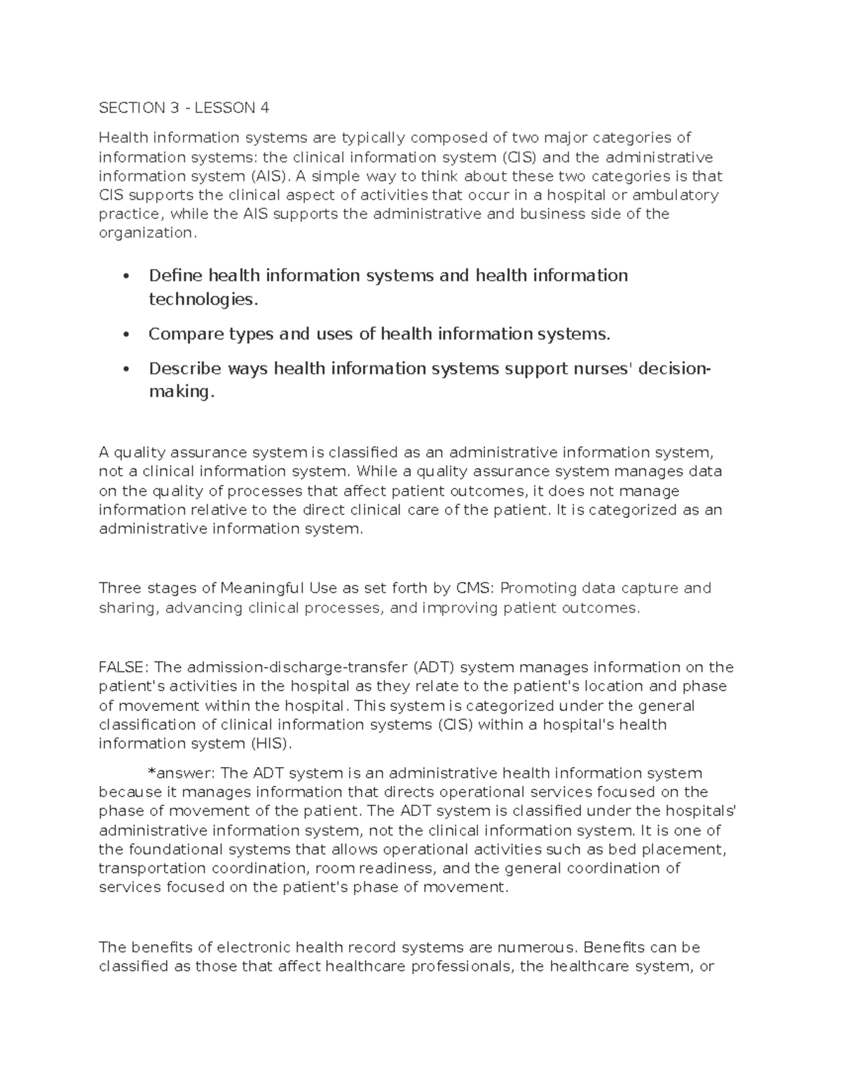 Informatics Notes Section 3 - SECTION 3 - LESSON 4 Health information ...