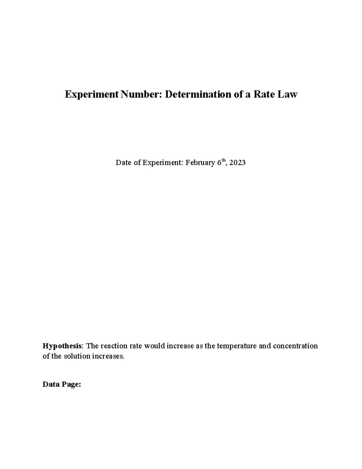Lab 24 reaction rate results only - Experiment Number: Determination of ...