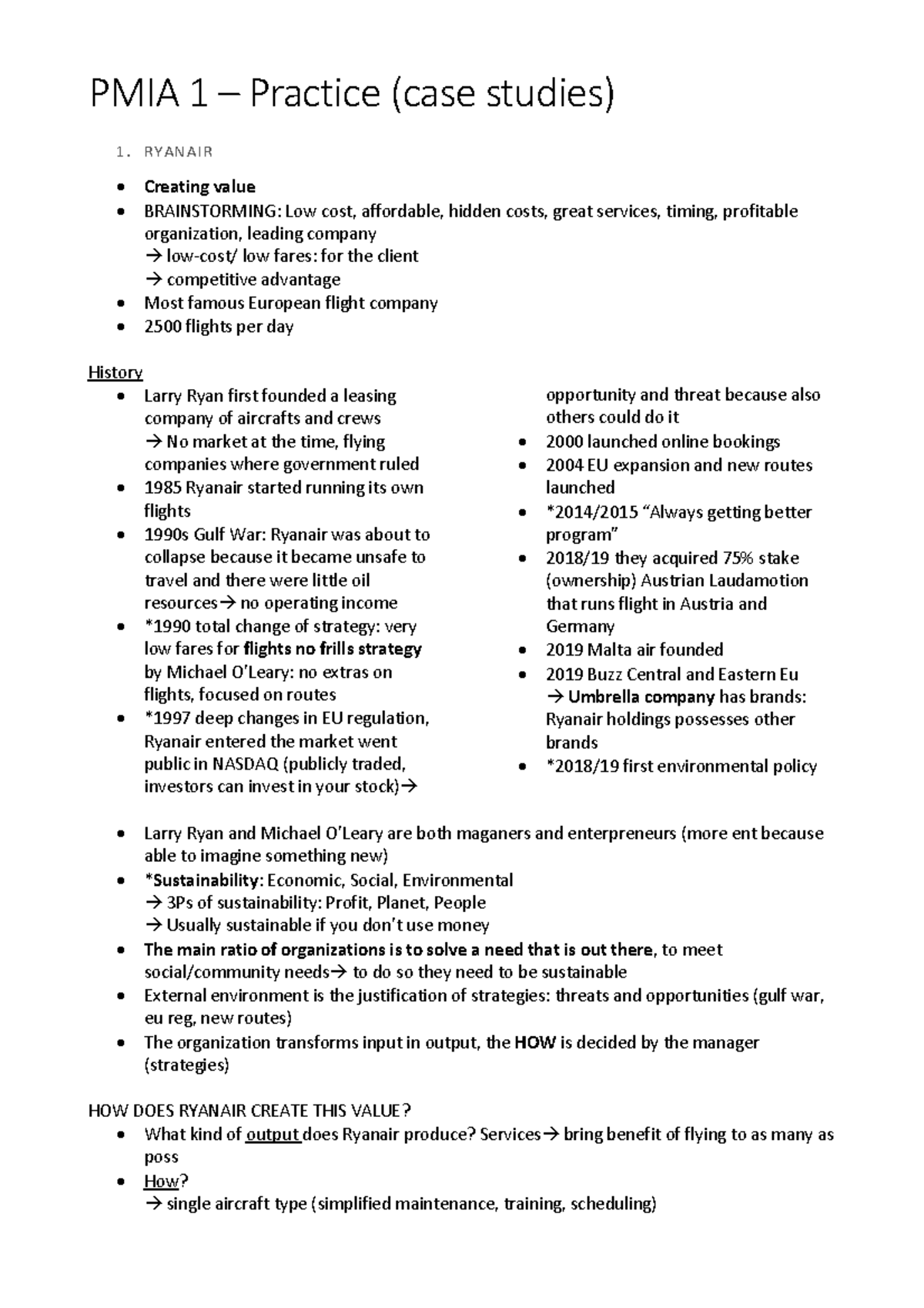Practice Case Studies - PMIA 1 – Practice (case studies) RYANAIR ...