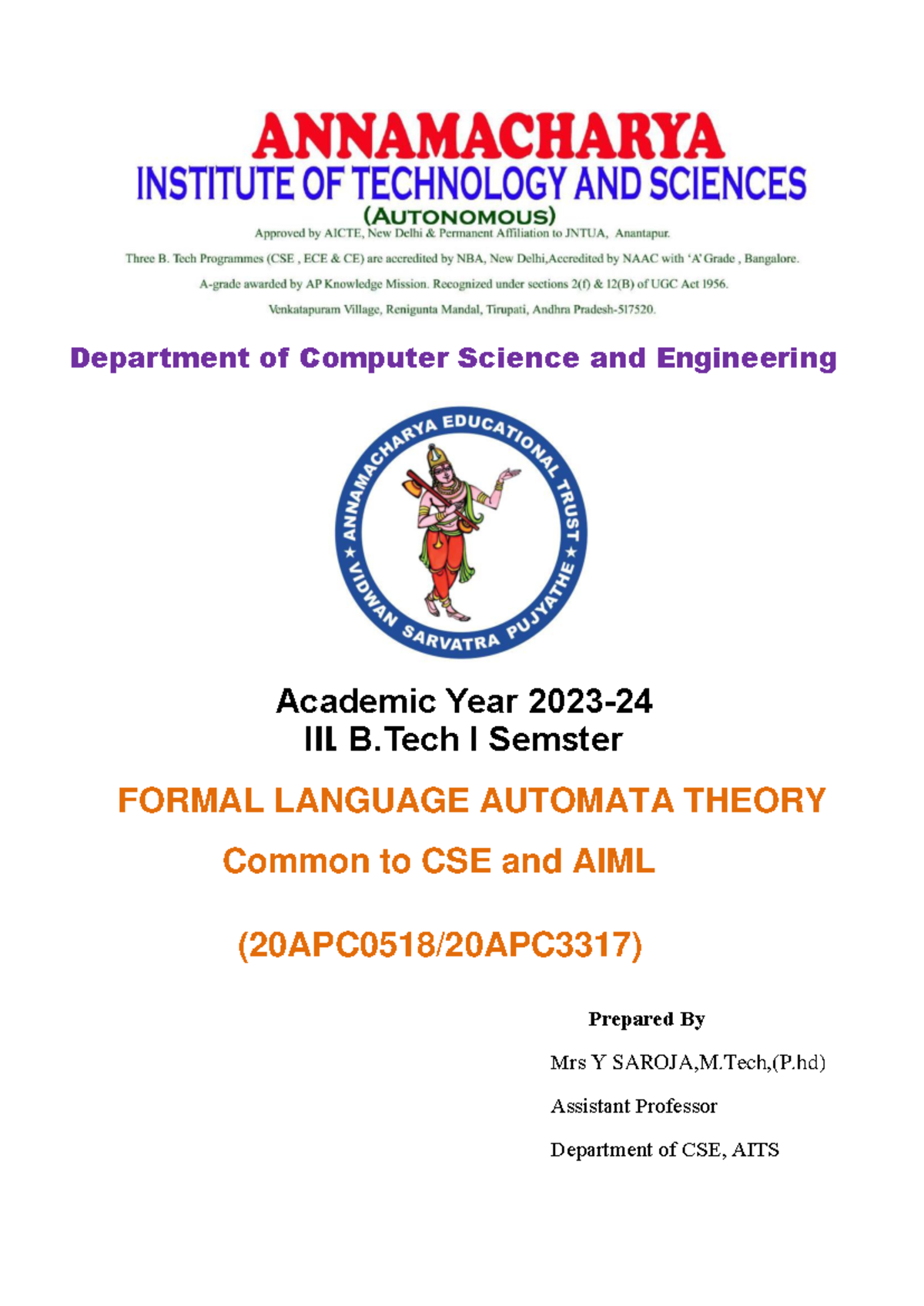 Formal Languages Automata Theory 20APC0518 min - Department of Computer Science and Engineering ...