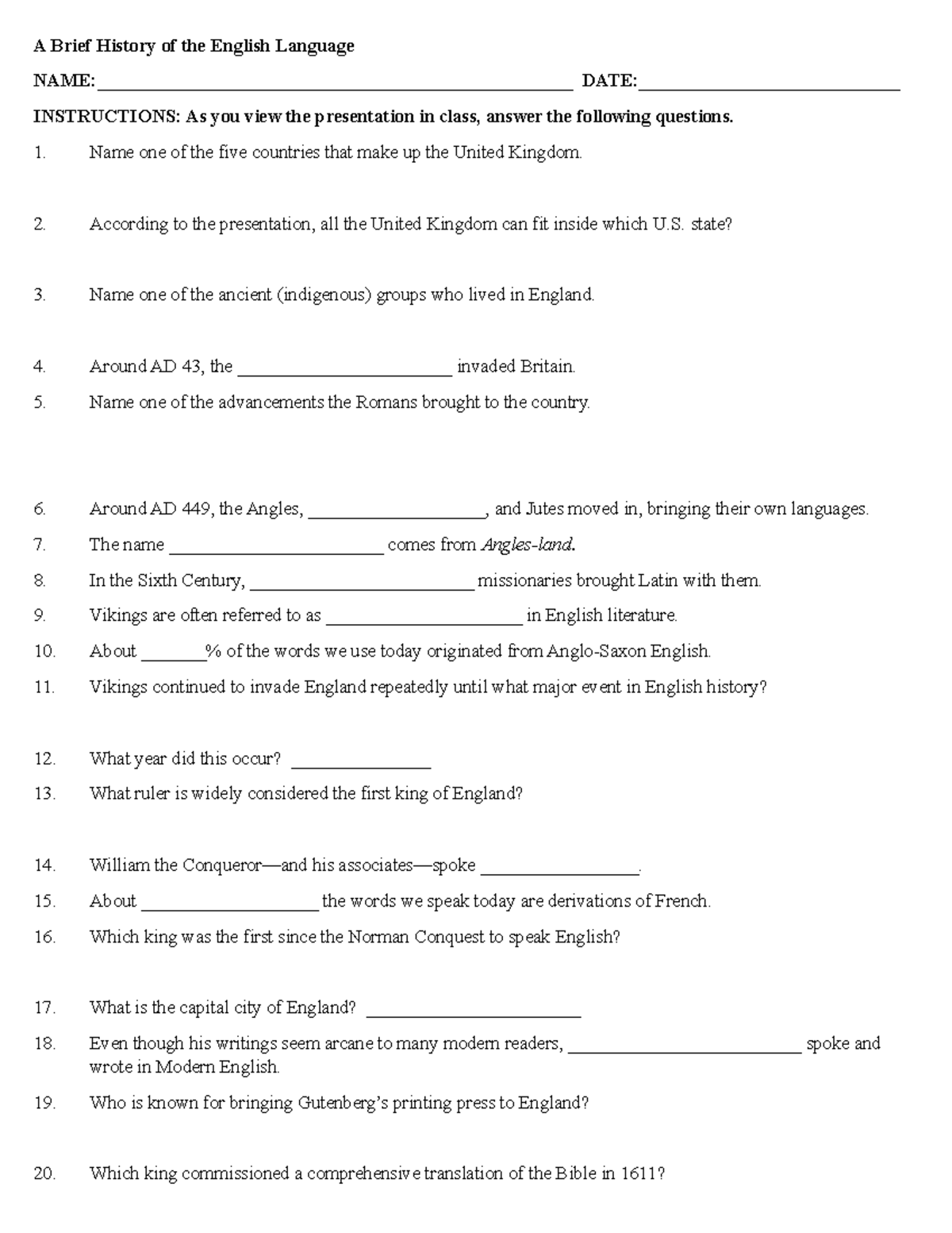Brief History of the English Language Questions - A Brief History of ...